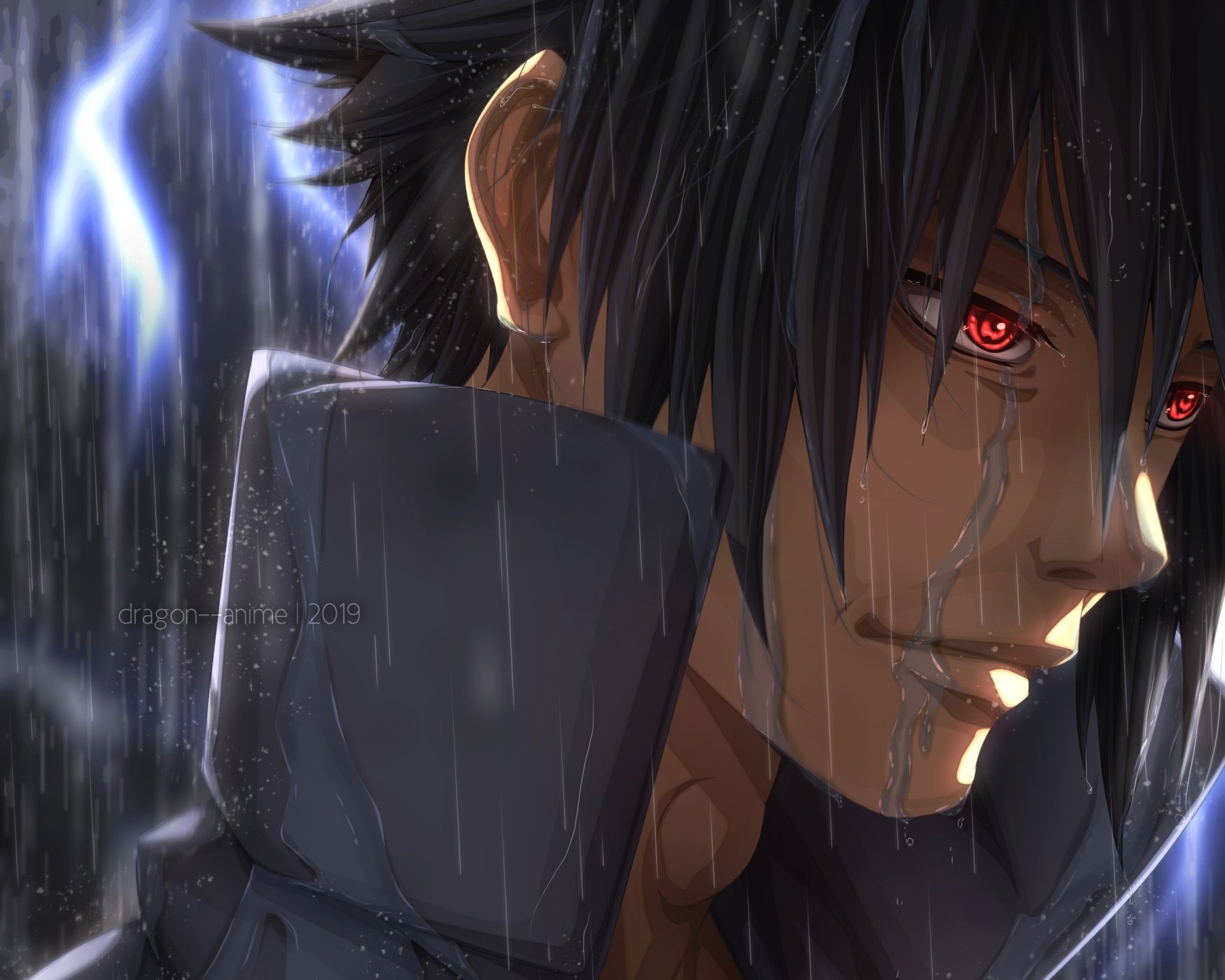 HD Rainfall Reflection: Sasuke Uchiha Anime Art by Dragon--anime
