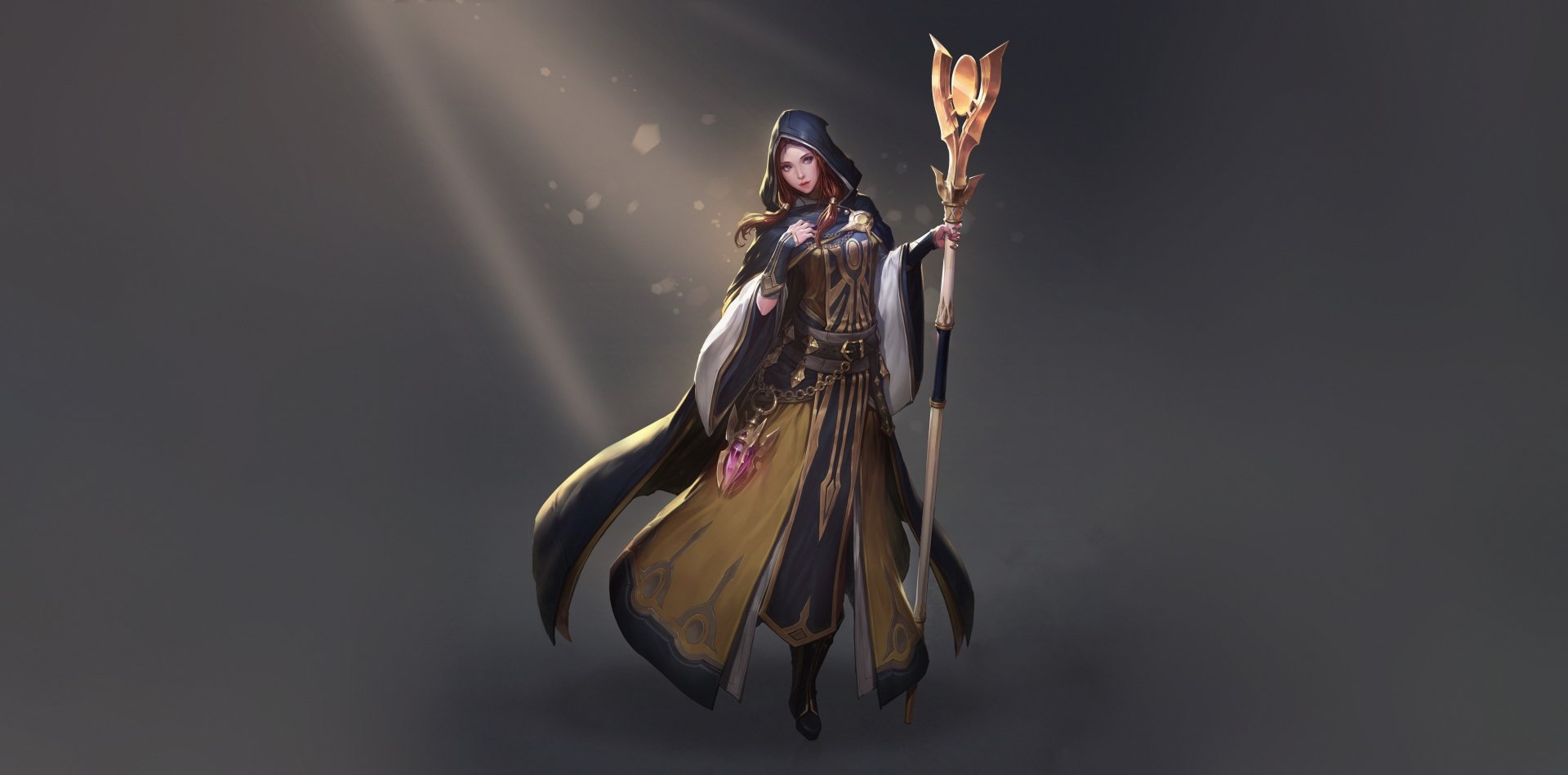 Crimson-Haired Sorceress with Azure Eyes & Staff — 4K Fantasy Wallpaper ...
