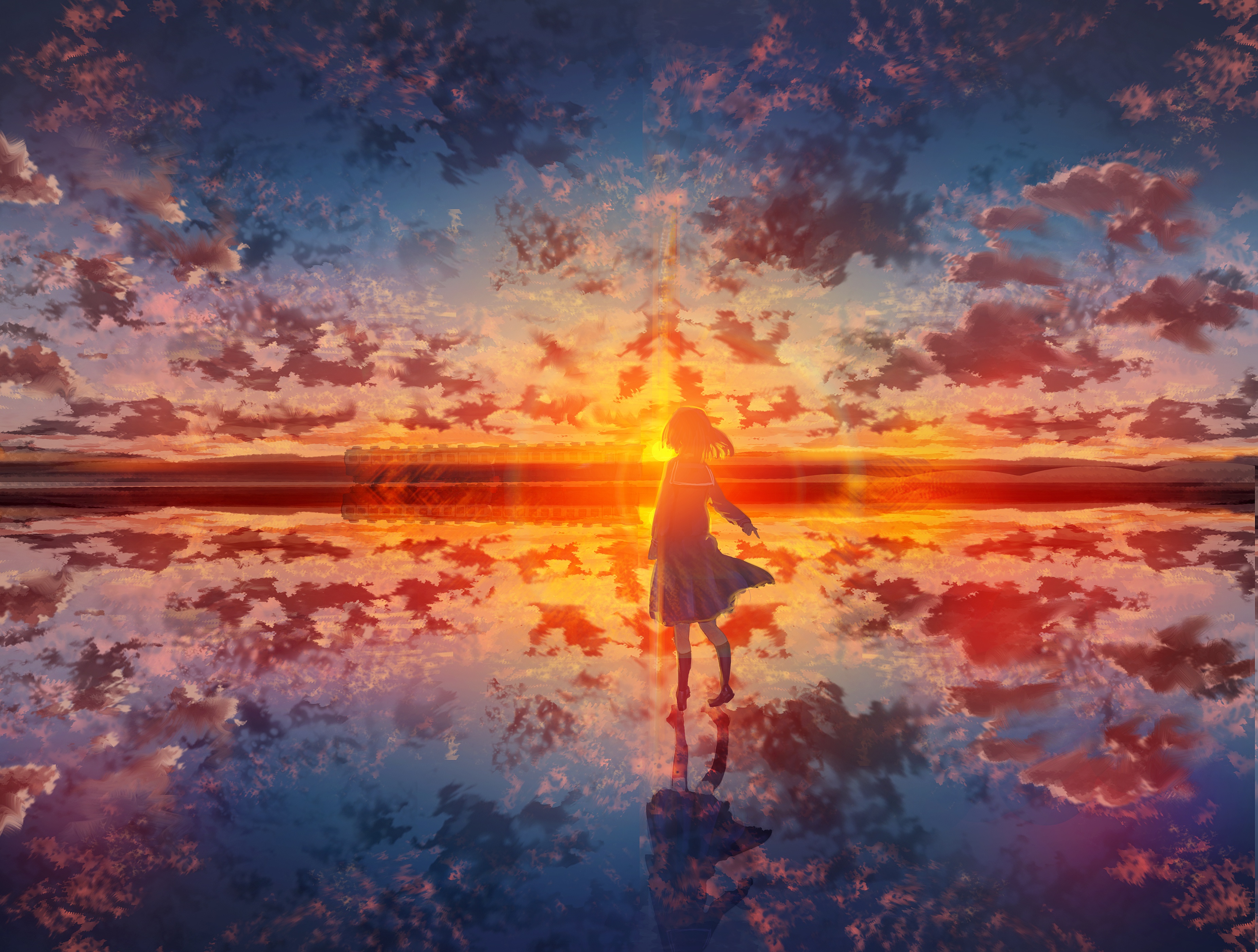 Download Reflection Schoolgirl Sunset Water Anime Original Anime Sunset ...