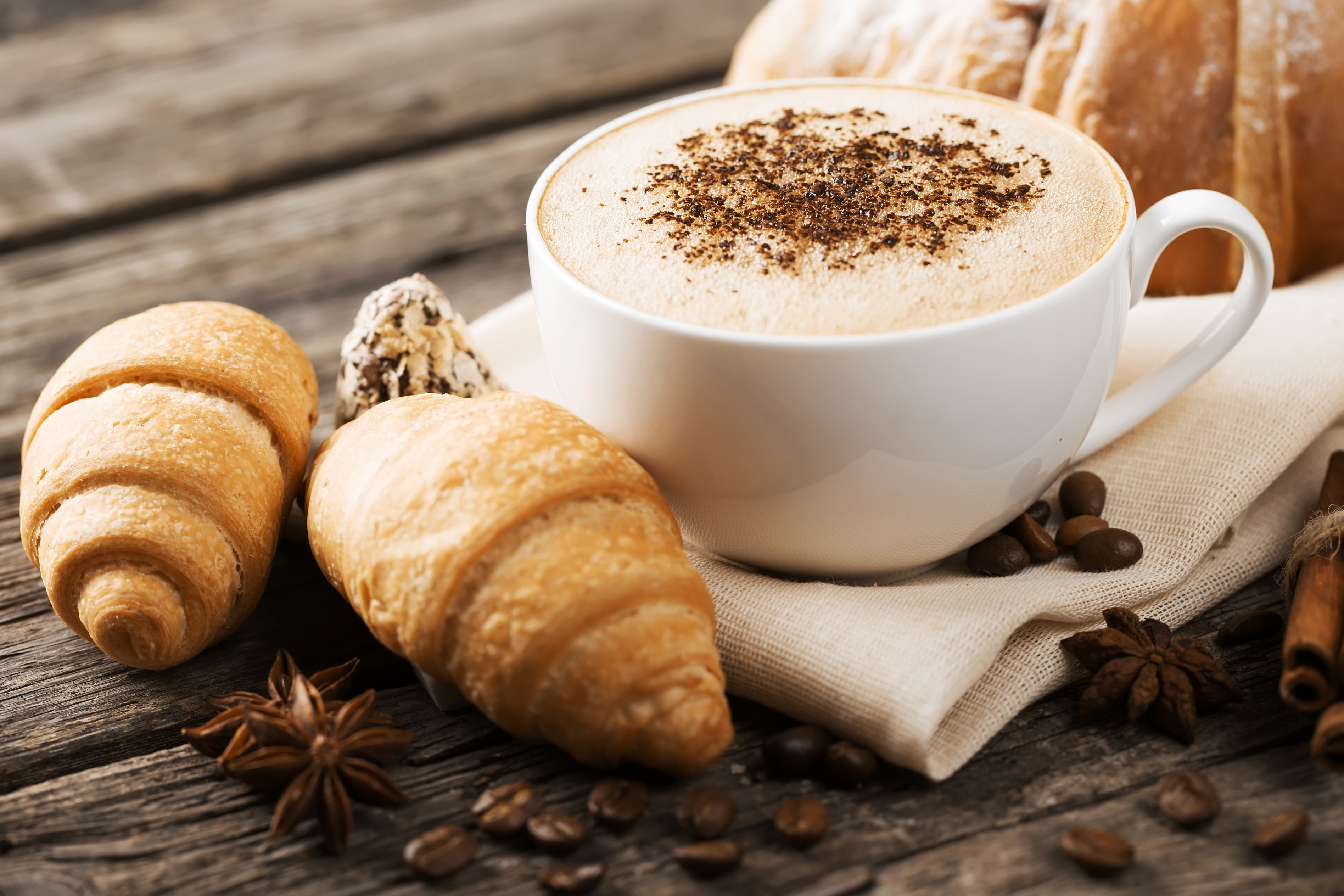 Download Star Anise Still Life Drink Cup Croissant Food Coffee HD Wallpaper