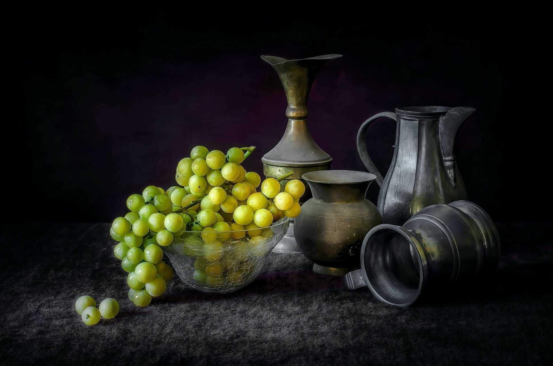 Download Pewter Carafe Pitcher Grapes Photography Still Life HD Wallpaper