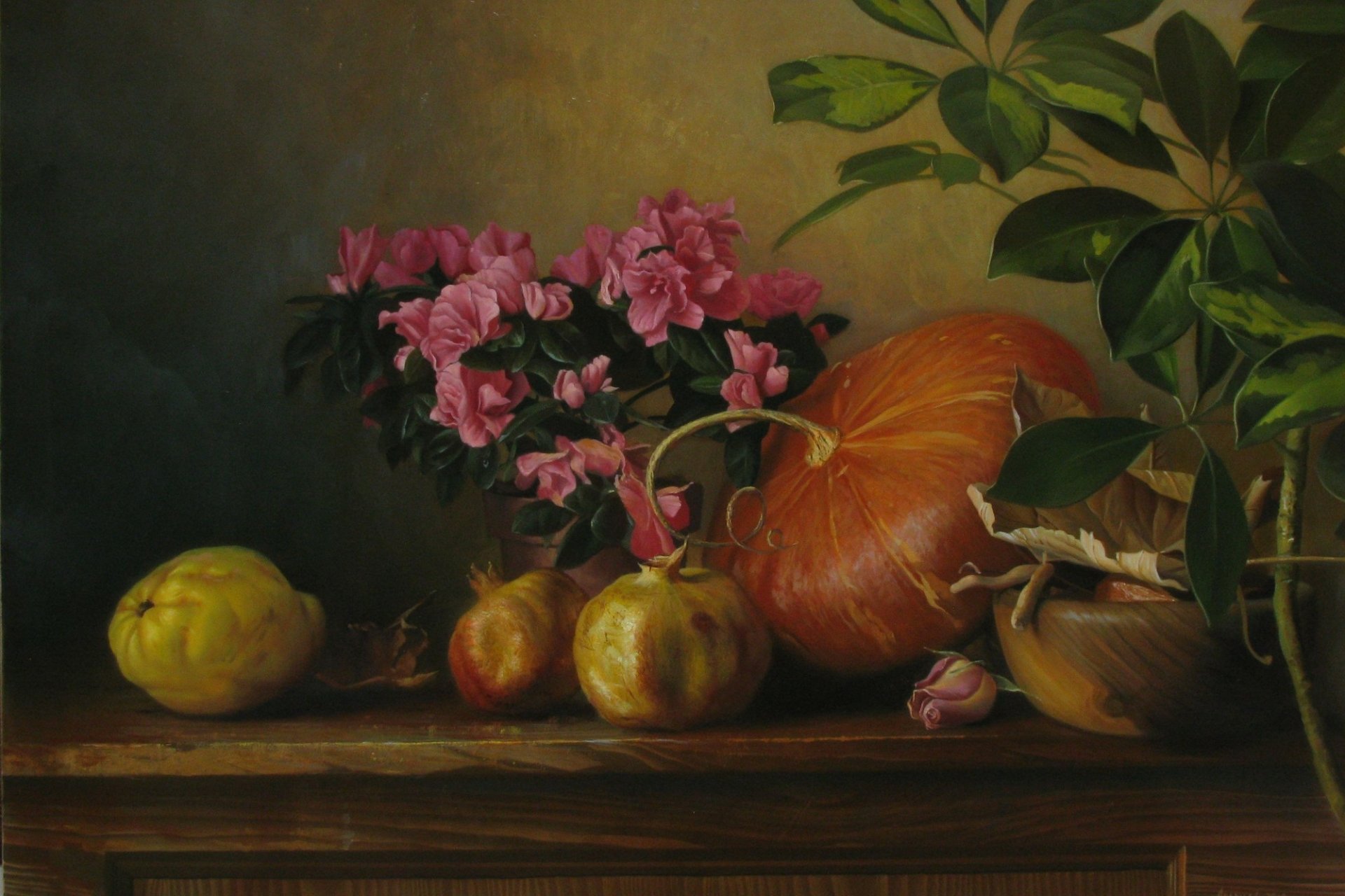 Download Leaf Pear Pumpkin Flower Fall Artistic Still Life HD Wallpaper