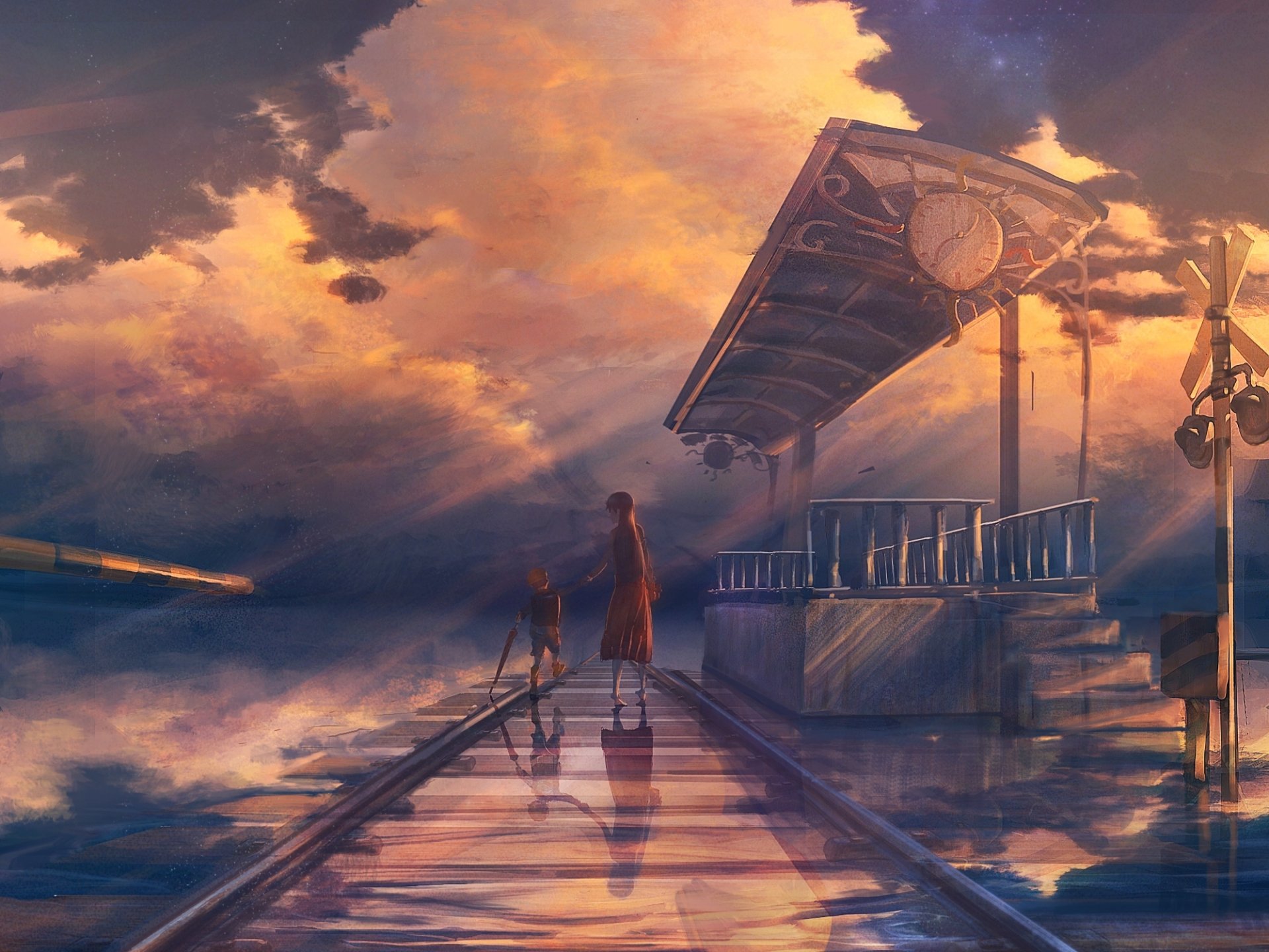 Dreamscape Sunset: Anime Child at the Train Station HD Wallpaper by ナコモ ...