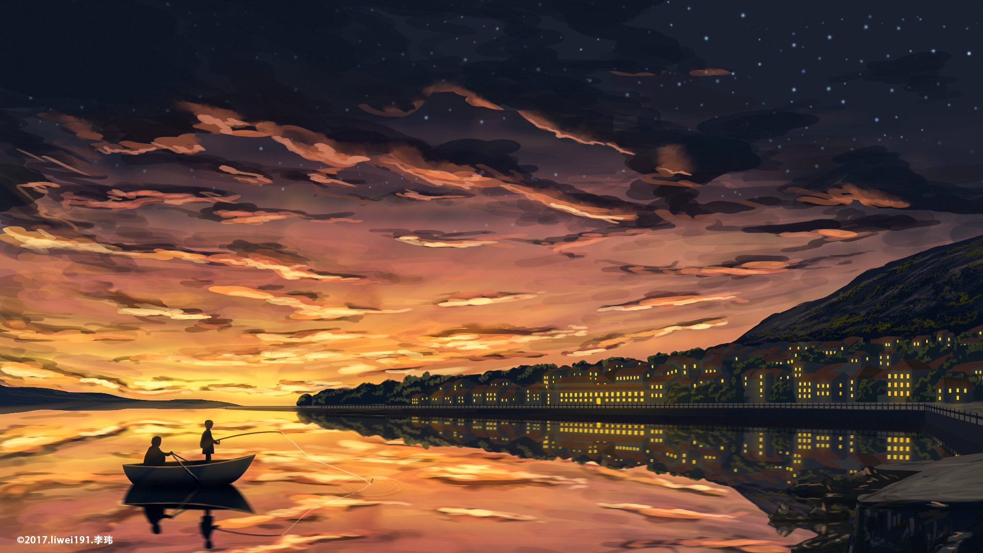 Anime Sunset Serenity: Starry Sky Over City and Boat HD Wallpaper by ...