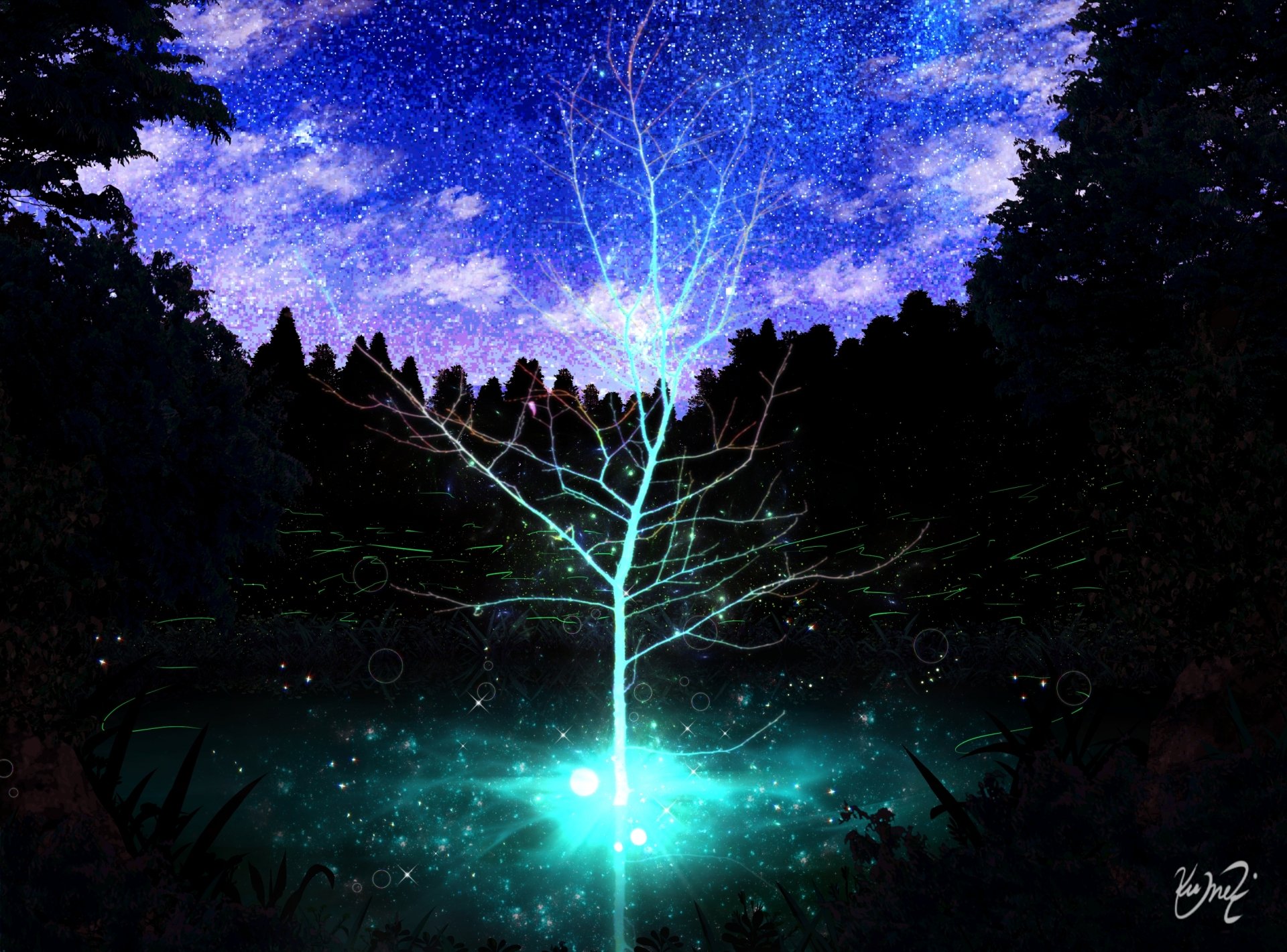 Download Starry Sky Anime Tree HD Wallpaper by クメキ
