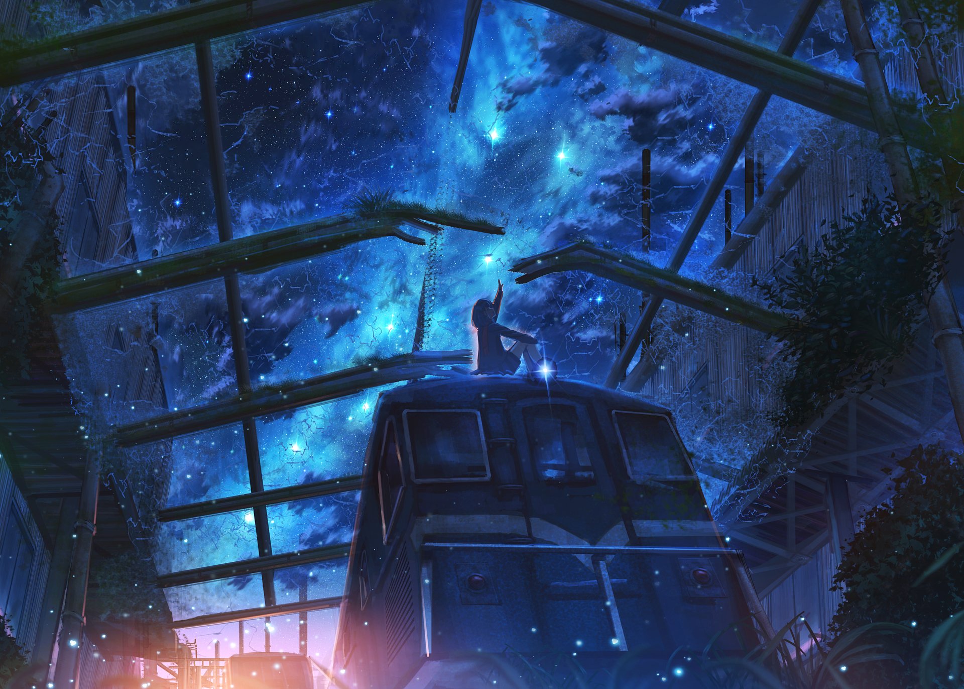 Starry Sky Train: Anime Night HD Wallpaper by ナコモ