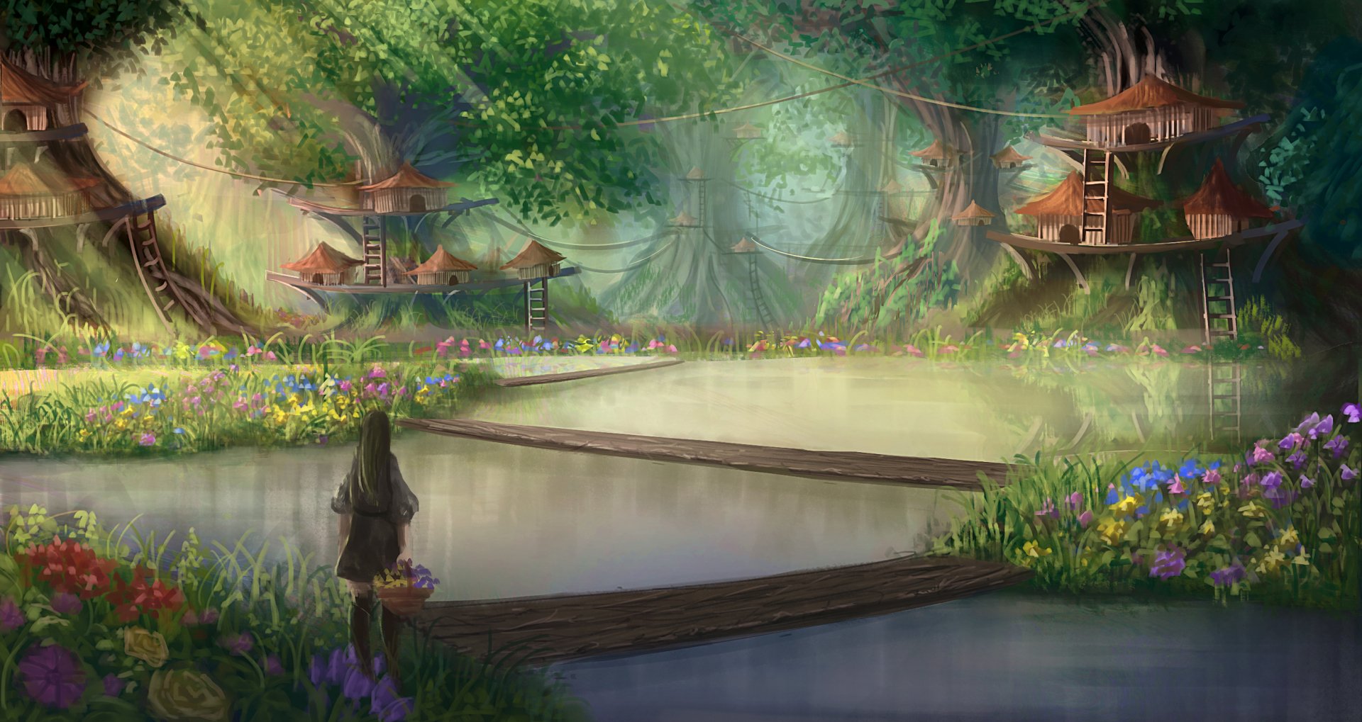 Anime Forest Serenity: HD Original Floral Wonderland Wallpaper by かお