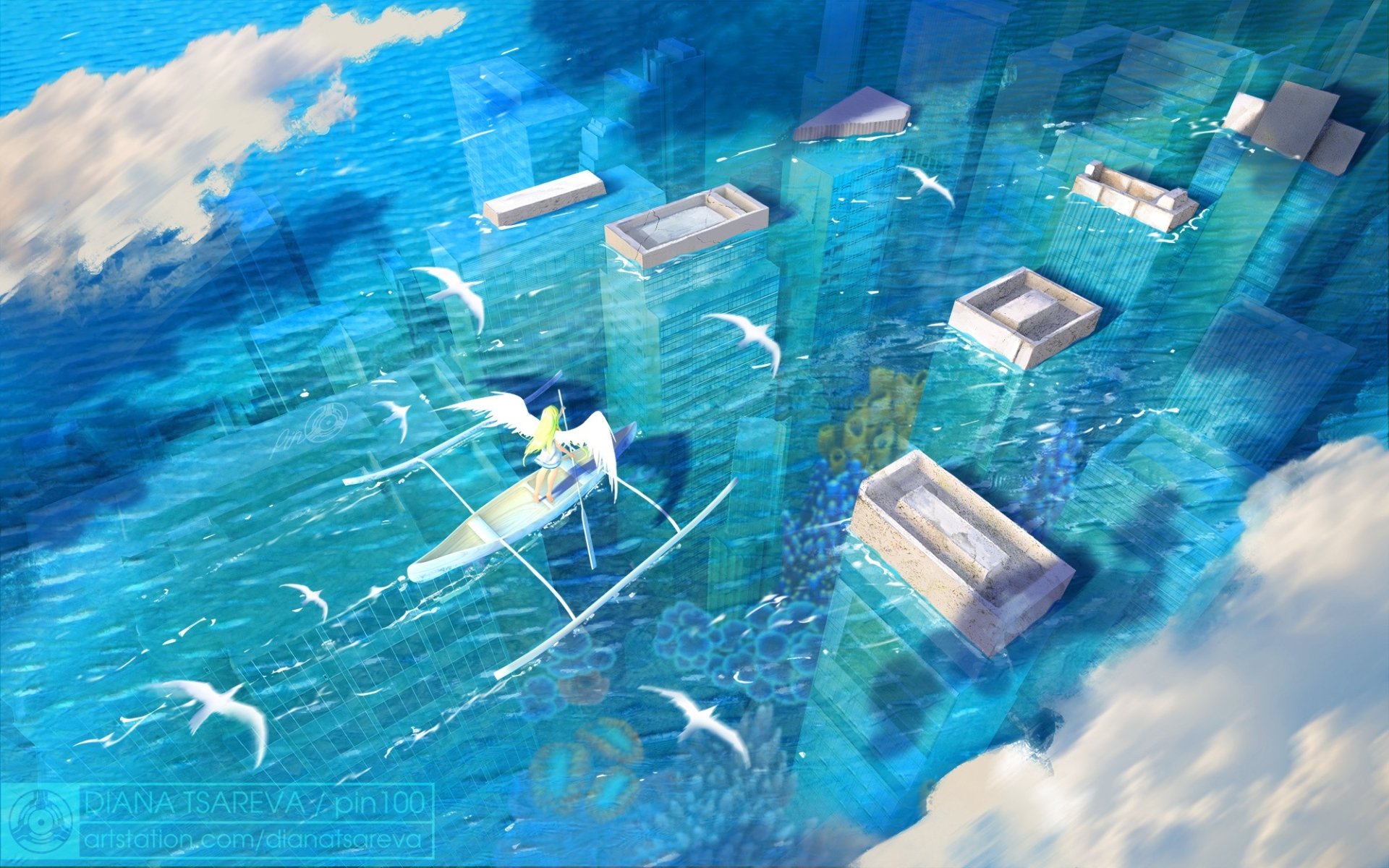 Anime City Flood with Boat and Wings - HD Wallpaper by pin100