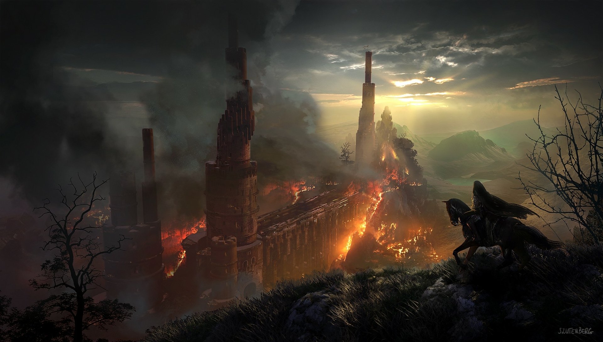 Fiery Fantasy Warrior Overlooking the Epic Burning Landscape - HD ...