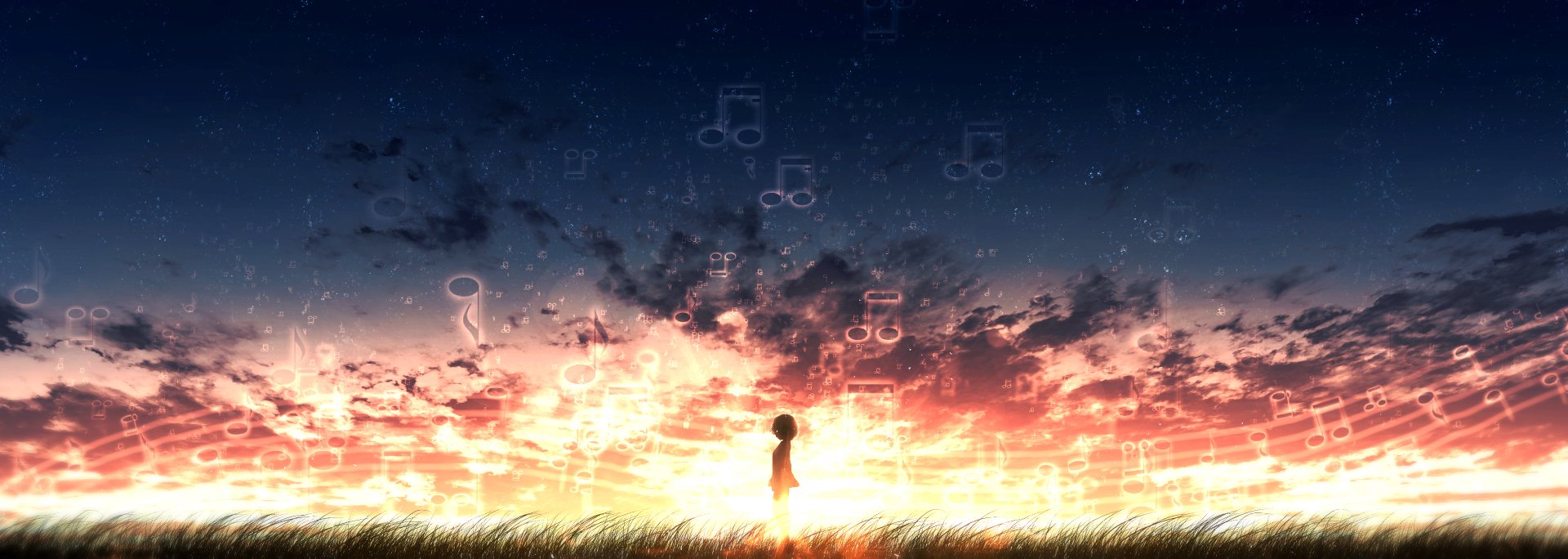 Harmony at Dusk: Anime Sunset with Musical Notes HD Wallpaper by furi / ふーり