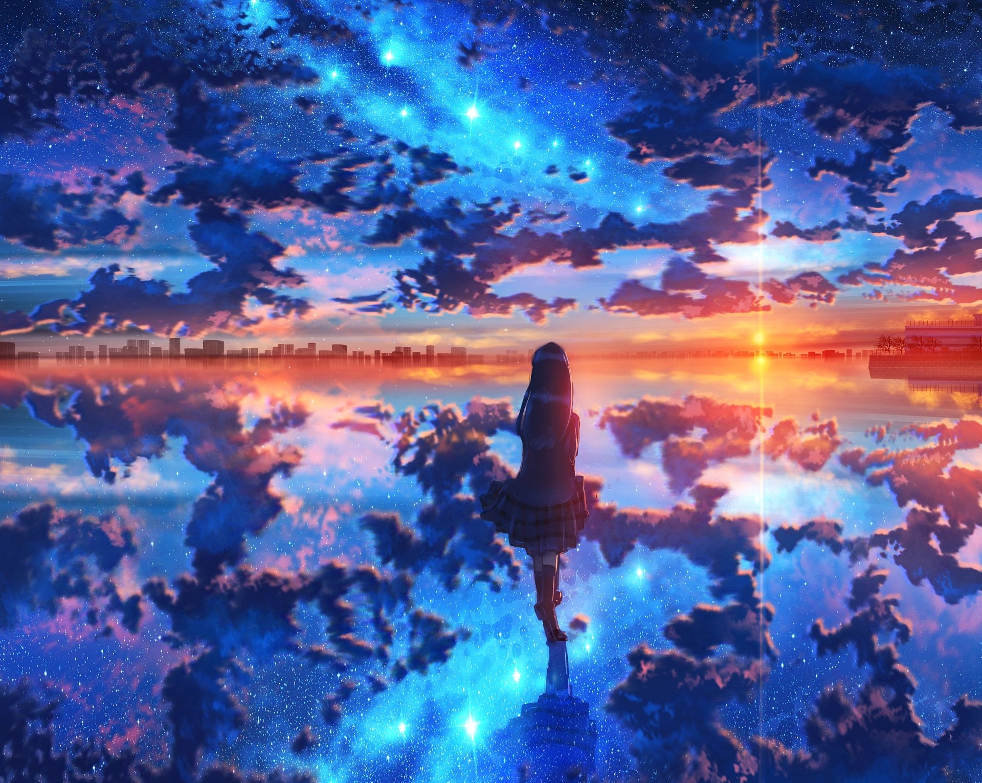 Anime Sunset Reflections HD Wallpaper by ナコモ