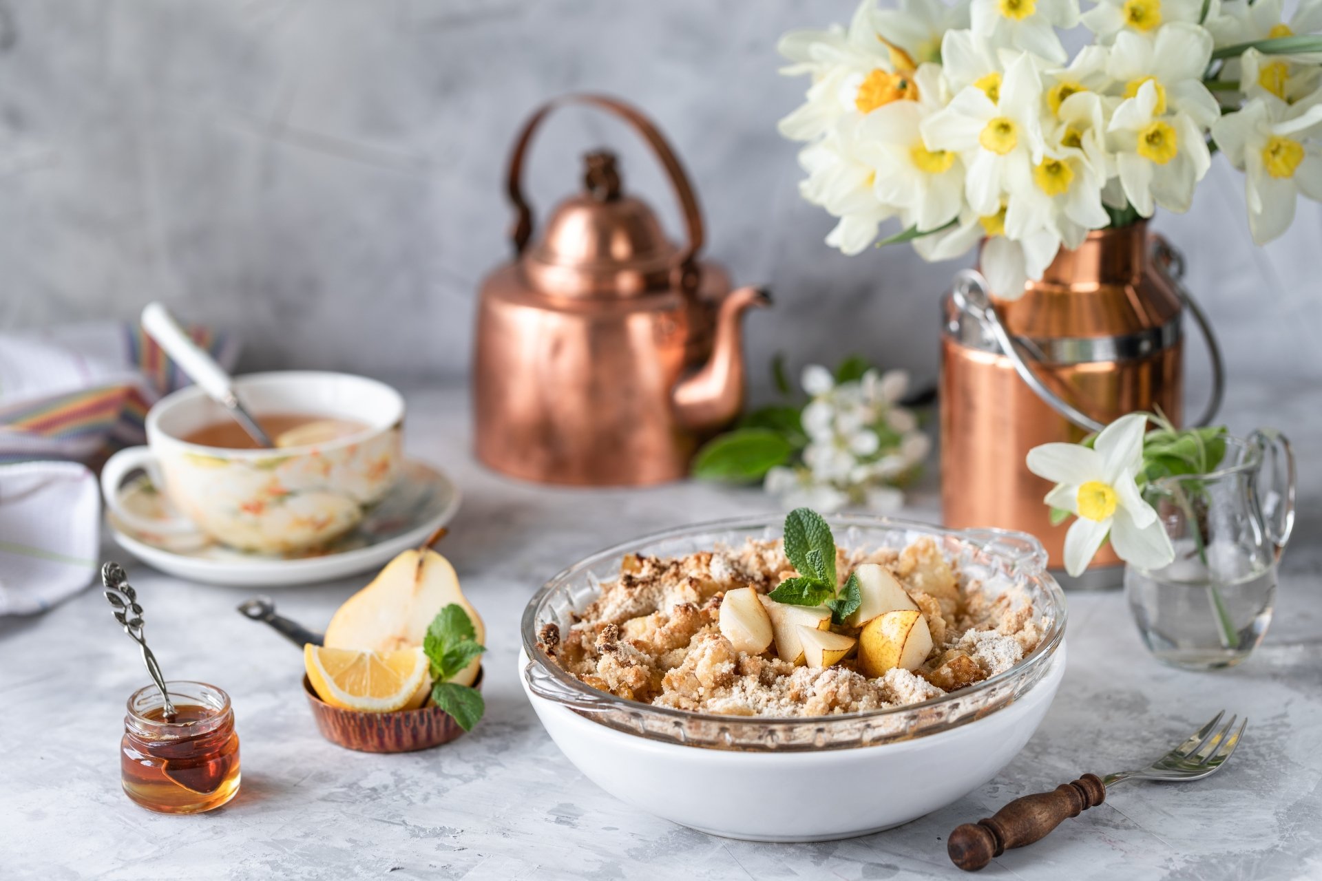 Download Daffodil Still Life Pear Honey Flower Food Breakfast 4k Ultra ...