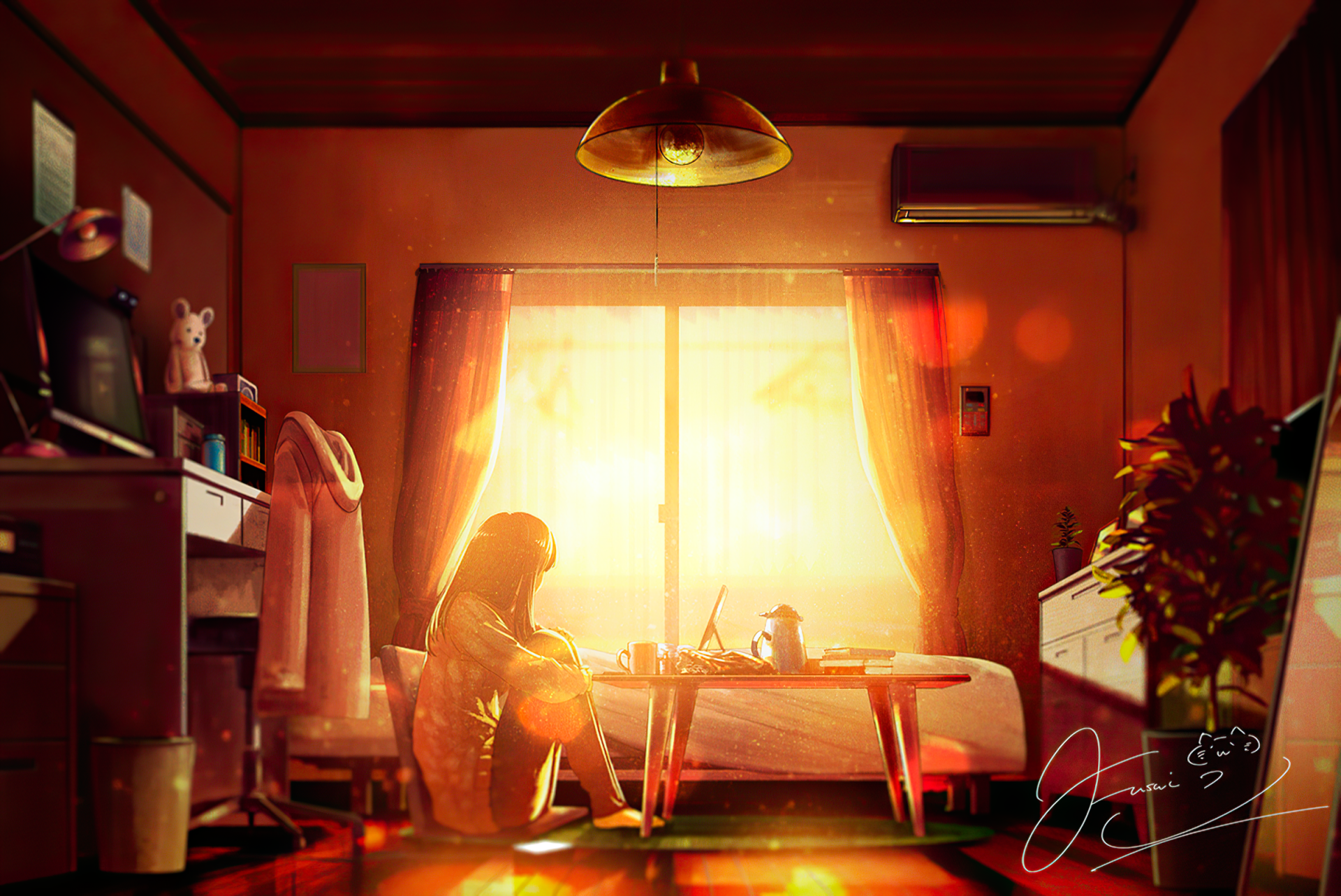 Cozy Anime Room HD Wallpaper: A Serene Retreat by ふすい