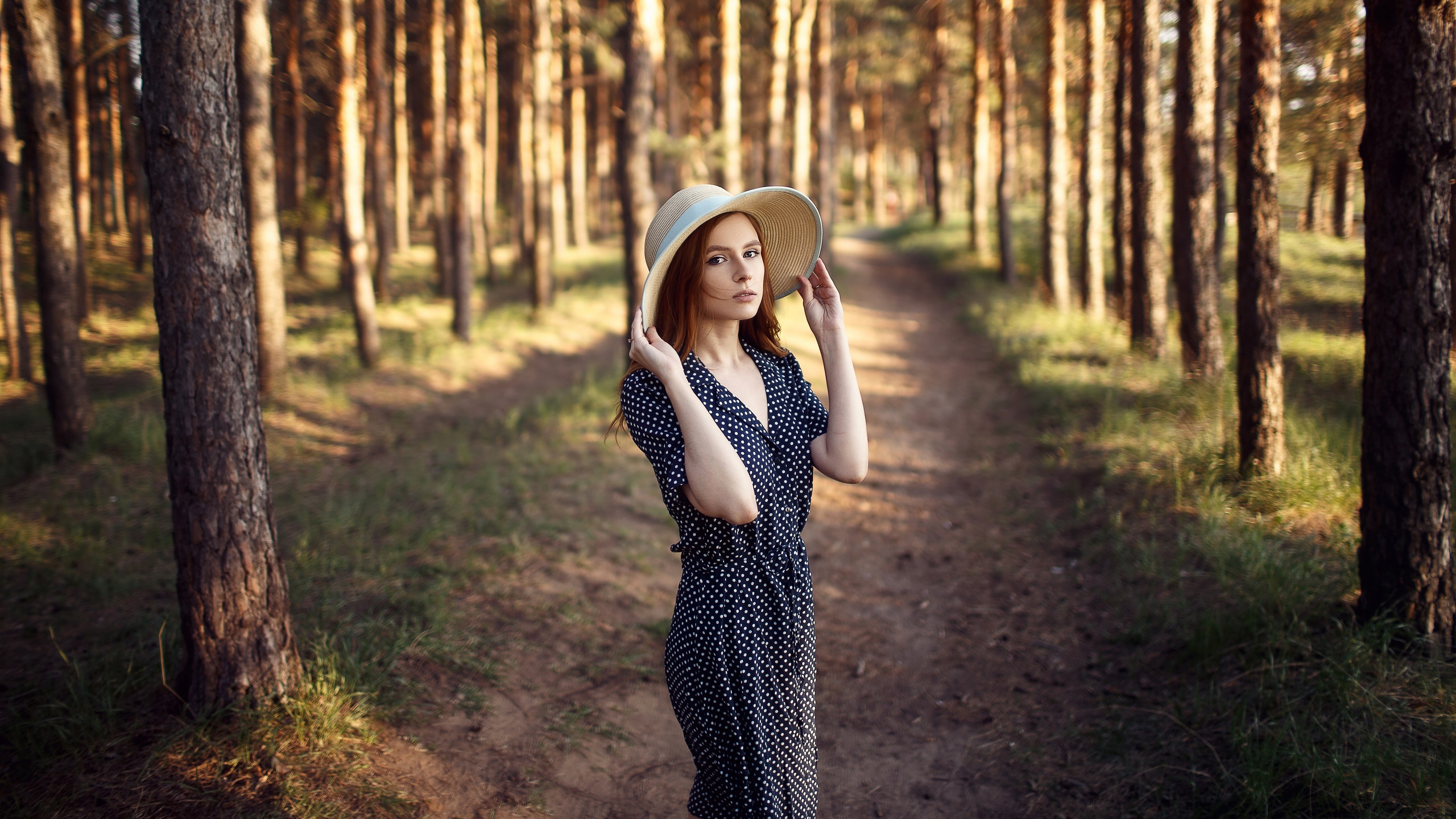 Download Hat Depth Of Field Dress Redhead Woman Model HD Wallpaper by ...