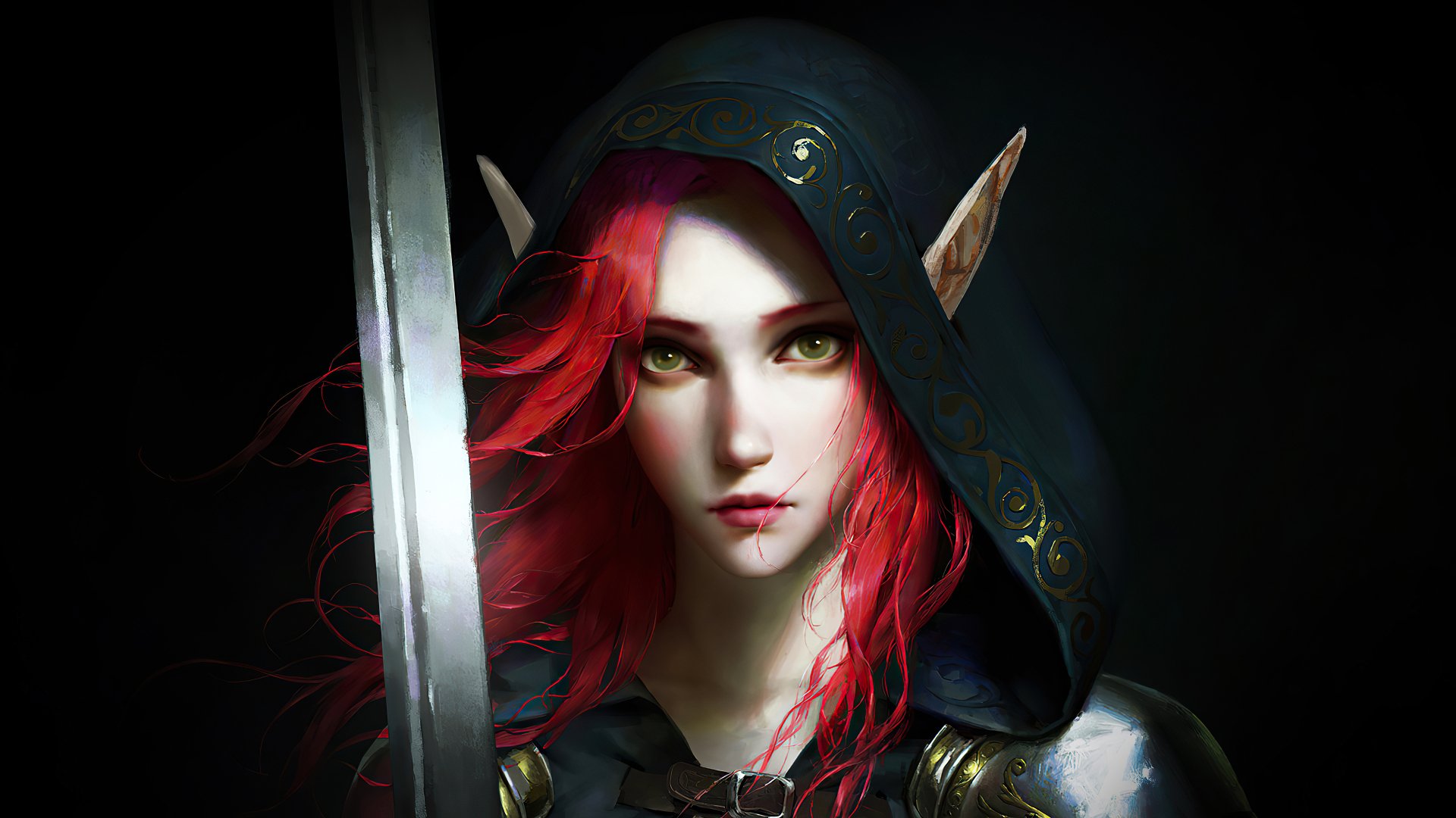 4K Ultra HD Red-Haired Elven Warrior with Sword in Hooded Fantasy by gantzu