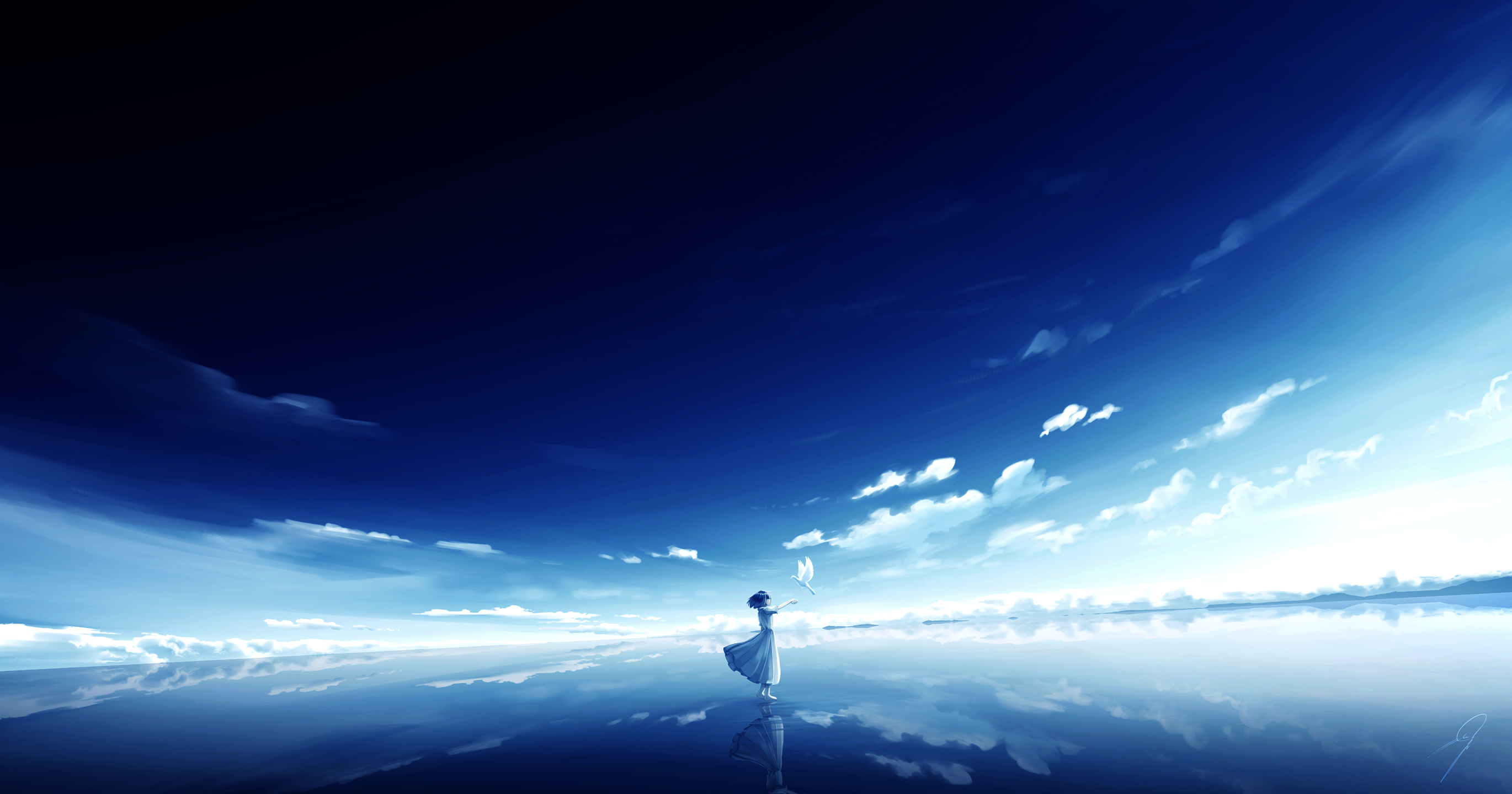 Download Bird Reflection Sky Anime Original HD Wallpaper by Nengoro(ネんごろぅ)