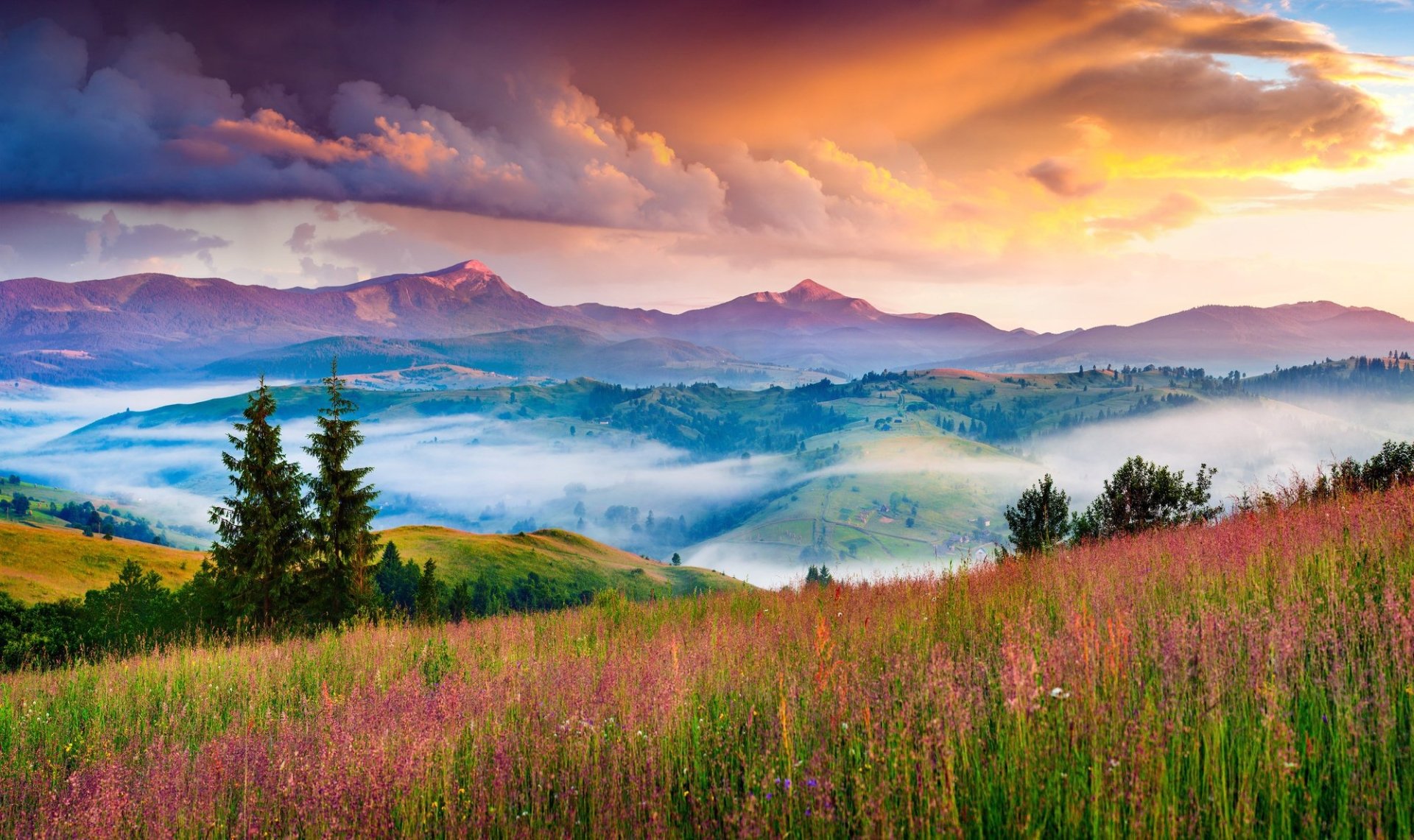 Sunset Over Fog‑Kissed Mountains — HD Landscape Wallpaper | 2000x1189 ...
