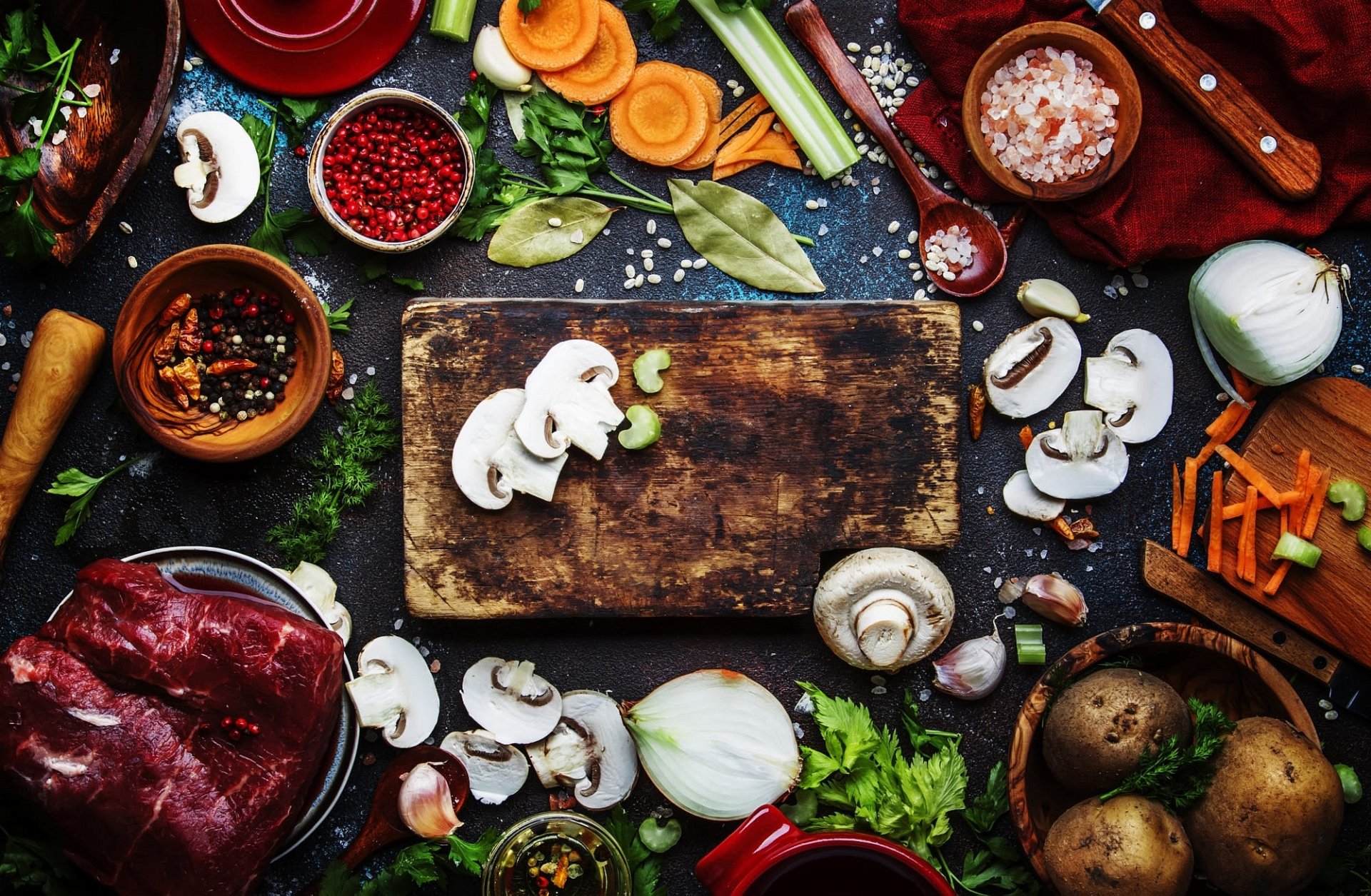 Download Spices Meat Mushroom Food Still Life HD Wallpaper | 2000x1307 ...