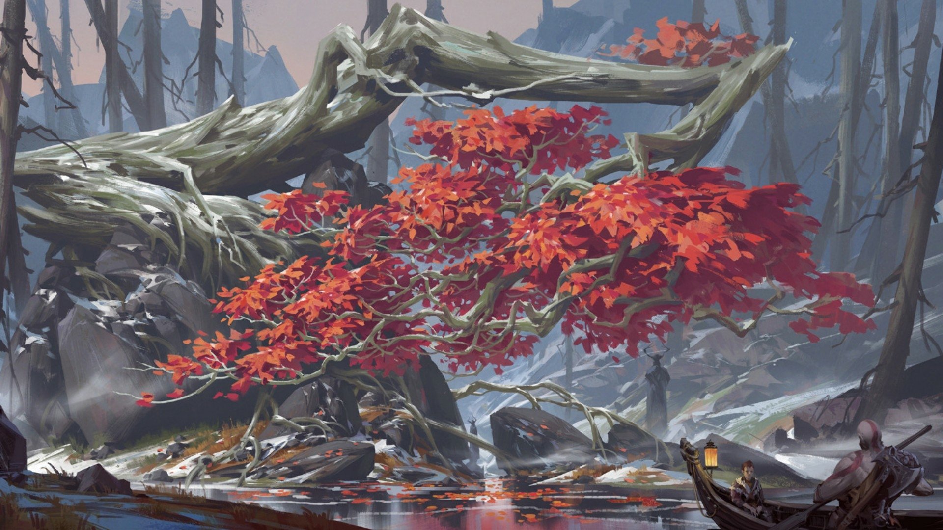 Kratos by the Blood-Red Tree — River Boat (God of War 2018 video game ...