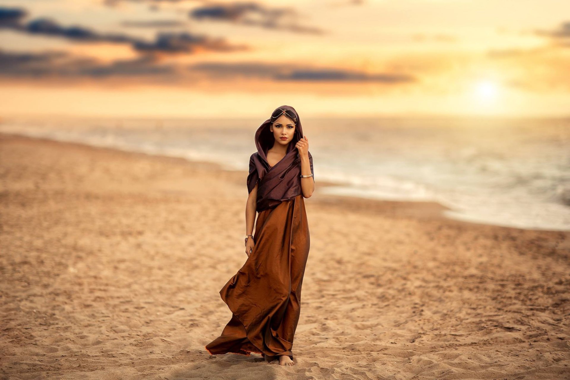 Download Sunset Beach Sea Sand Maggie Ferraro Woman Model HD Wallpaper ...