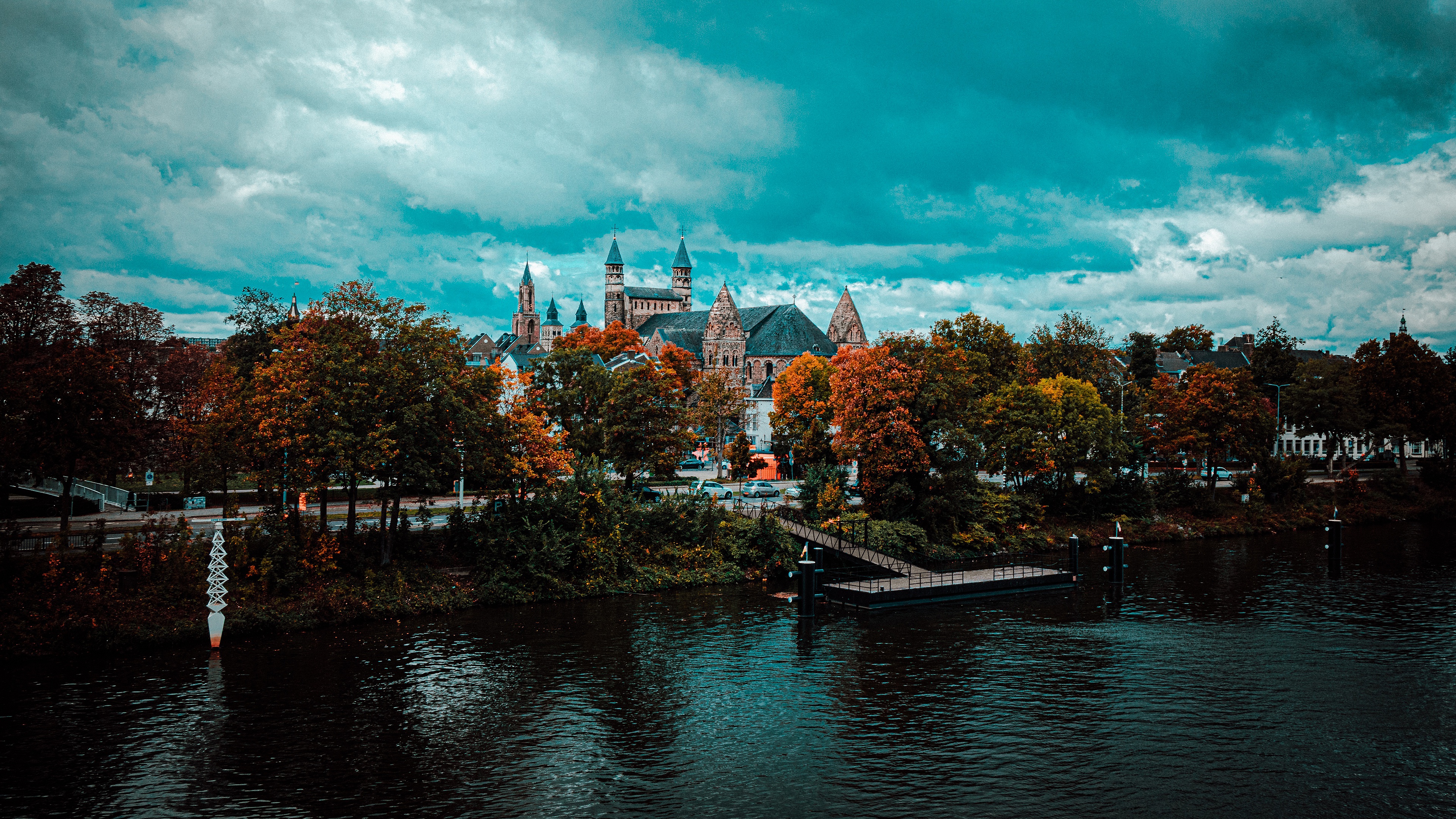 Download Pier River Cloud Sky Fall Man Made Castle 4k Ultra HD Wallpaper