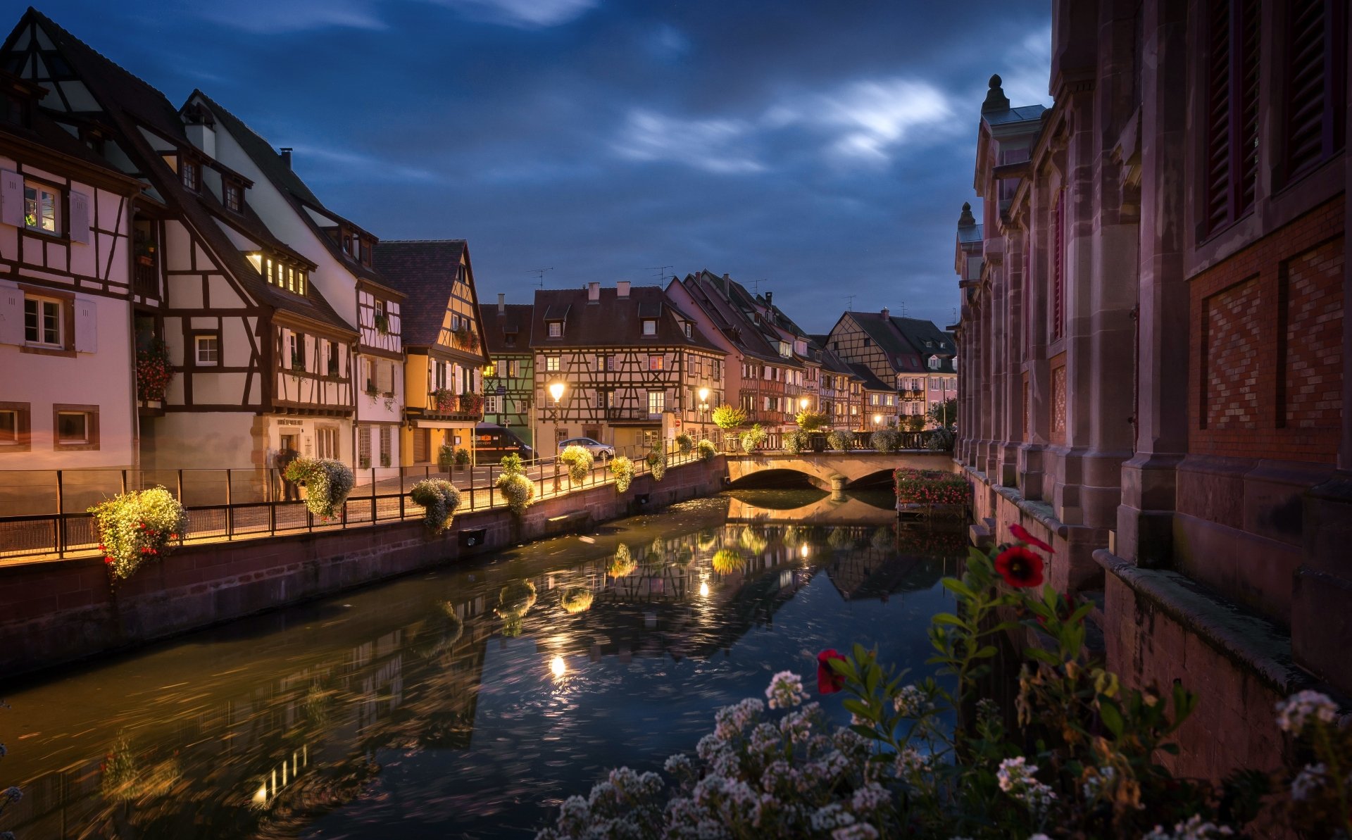 Download Town Bridge Canal House France Night Man Made Colmar 4k Ultra ...