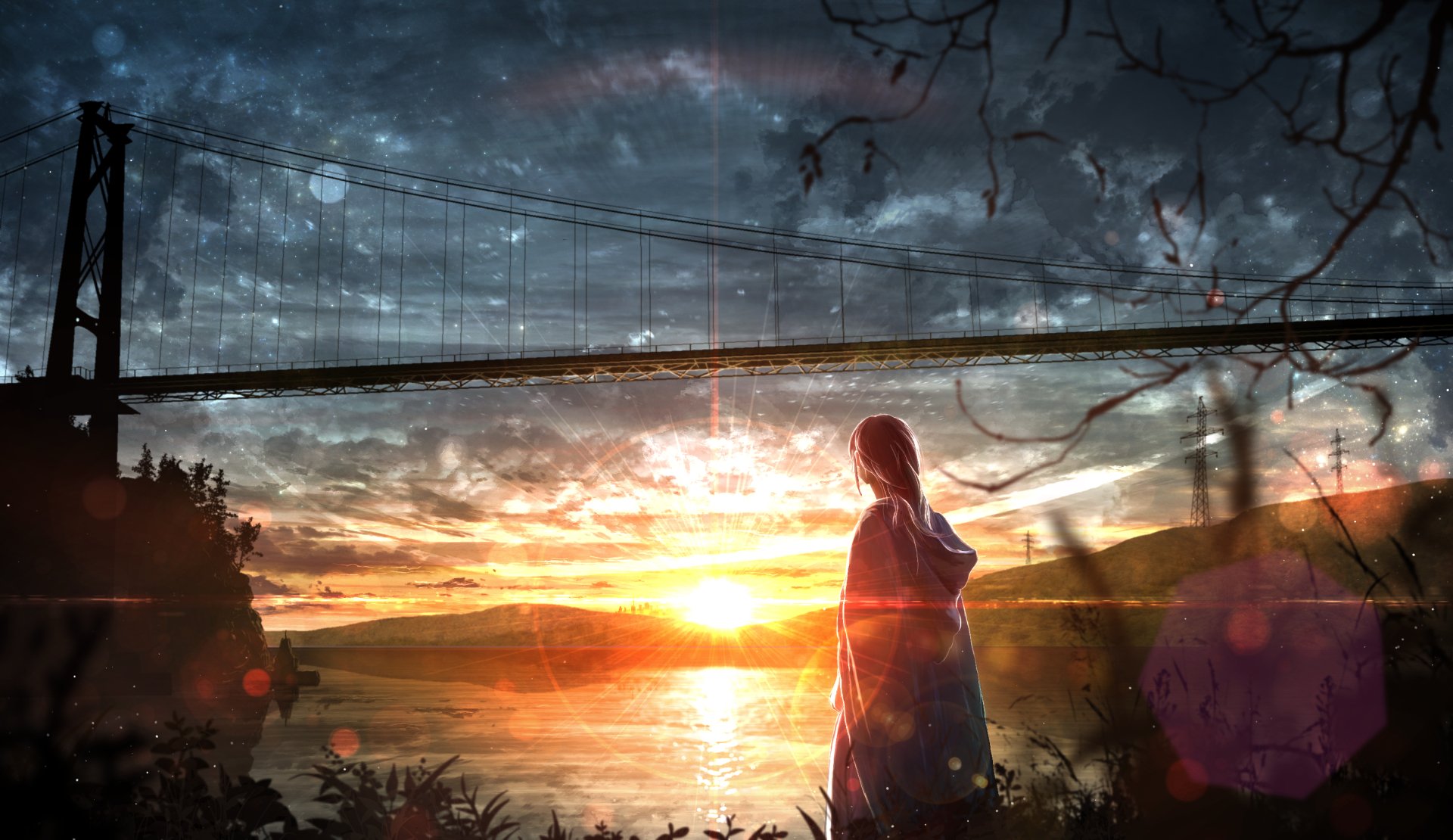 Anime Twilight Bridge: Stunning HD Sunrise & Sunset Sky Wallpaper by ワベマ