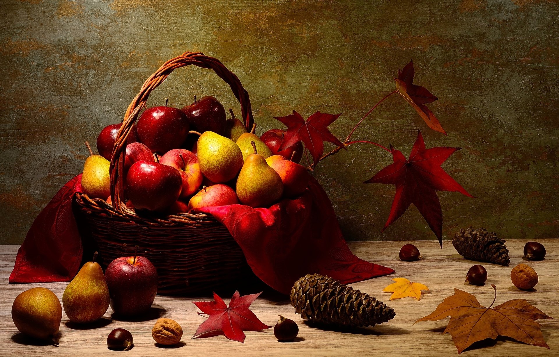 Download Still Life Pear Apple Basket Fall Food Fruit HD Wallpaper