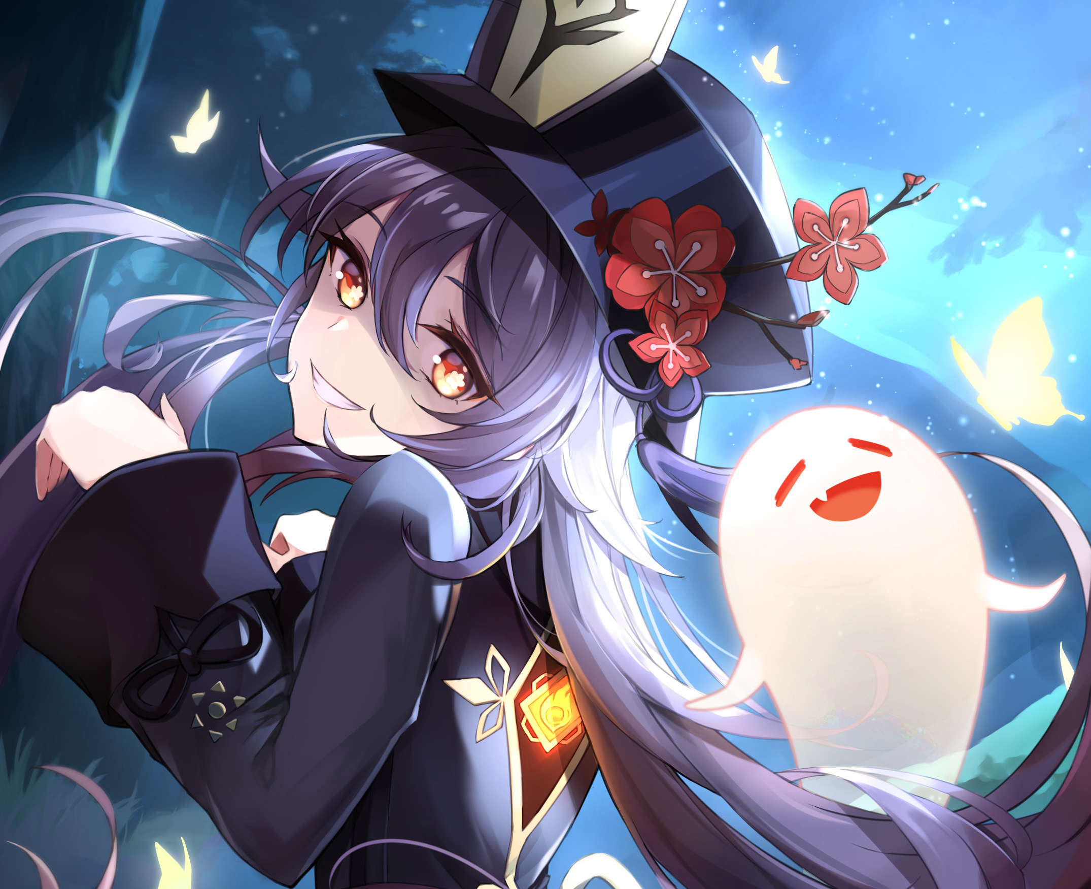 Hu Tao HD Wallpaper – Genshin Impact’s Enigmatic Pyro Spirit by ゆとりこ