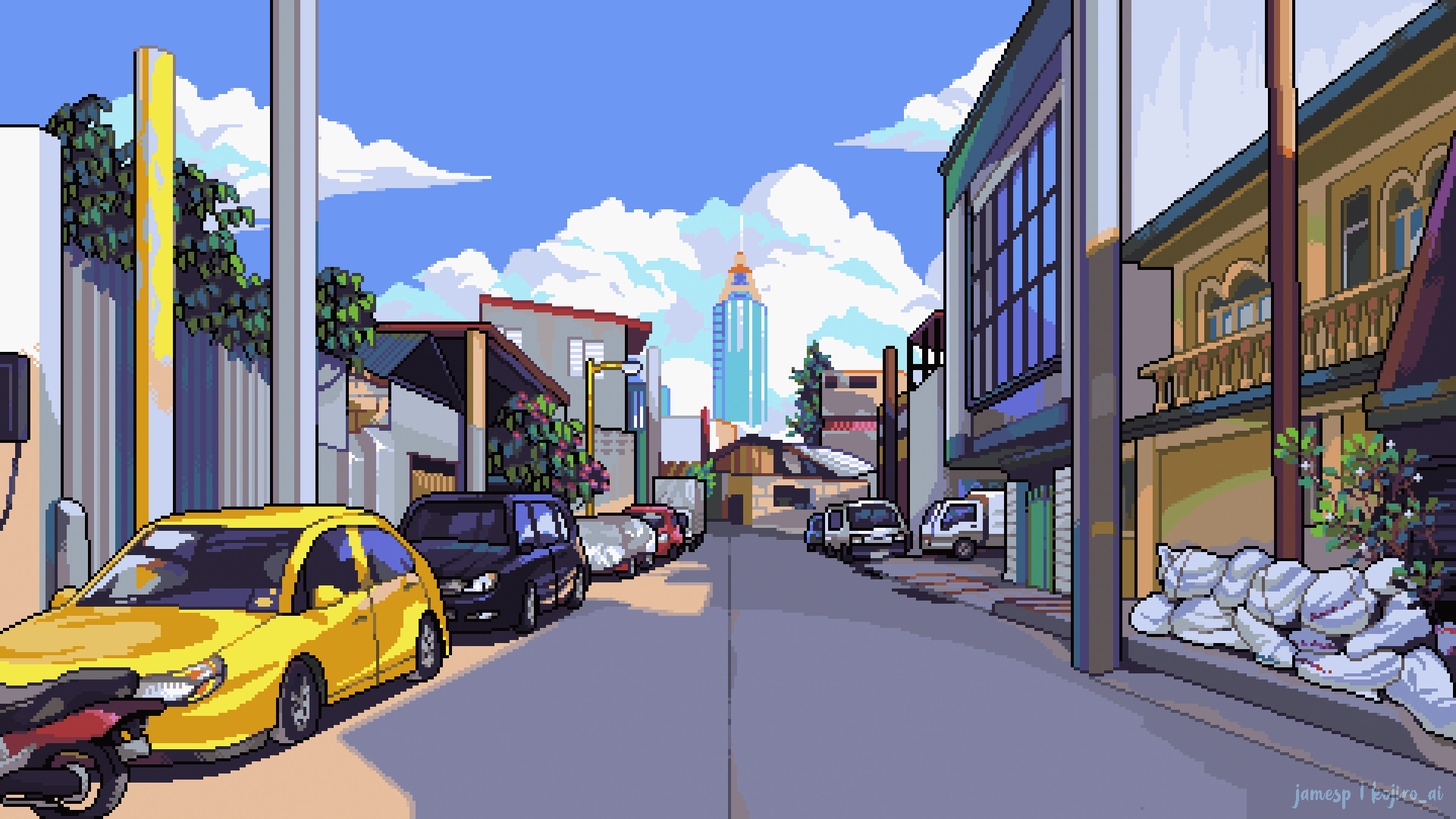 HD Pixel Art Streetscape: A Vibrant Artistic Cityscape Wallpaper