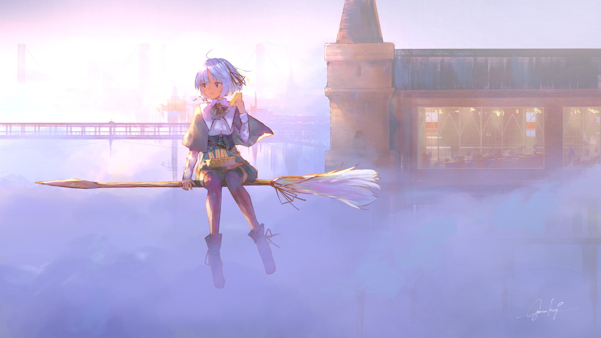 4K Ultra HD Anime Witch Girl in the Clouds with Short Hair by ごろく