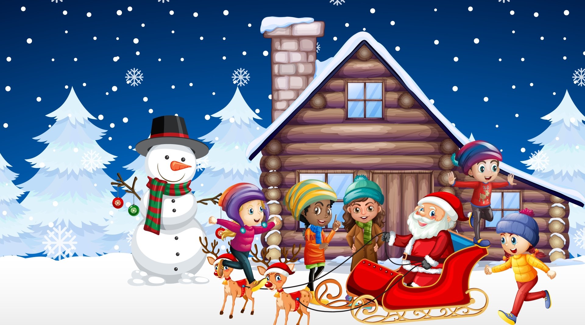 Download Sleigh Snowman Santa Child Holiday Christmas 4k Ultra HD Wallpaper
