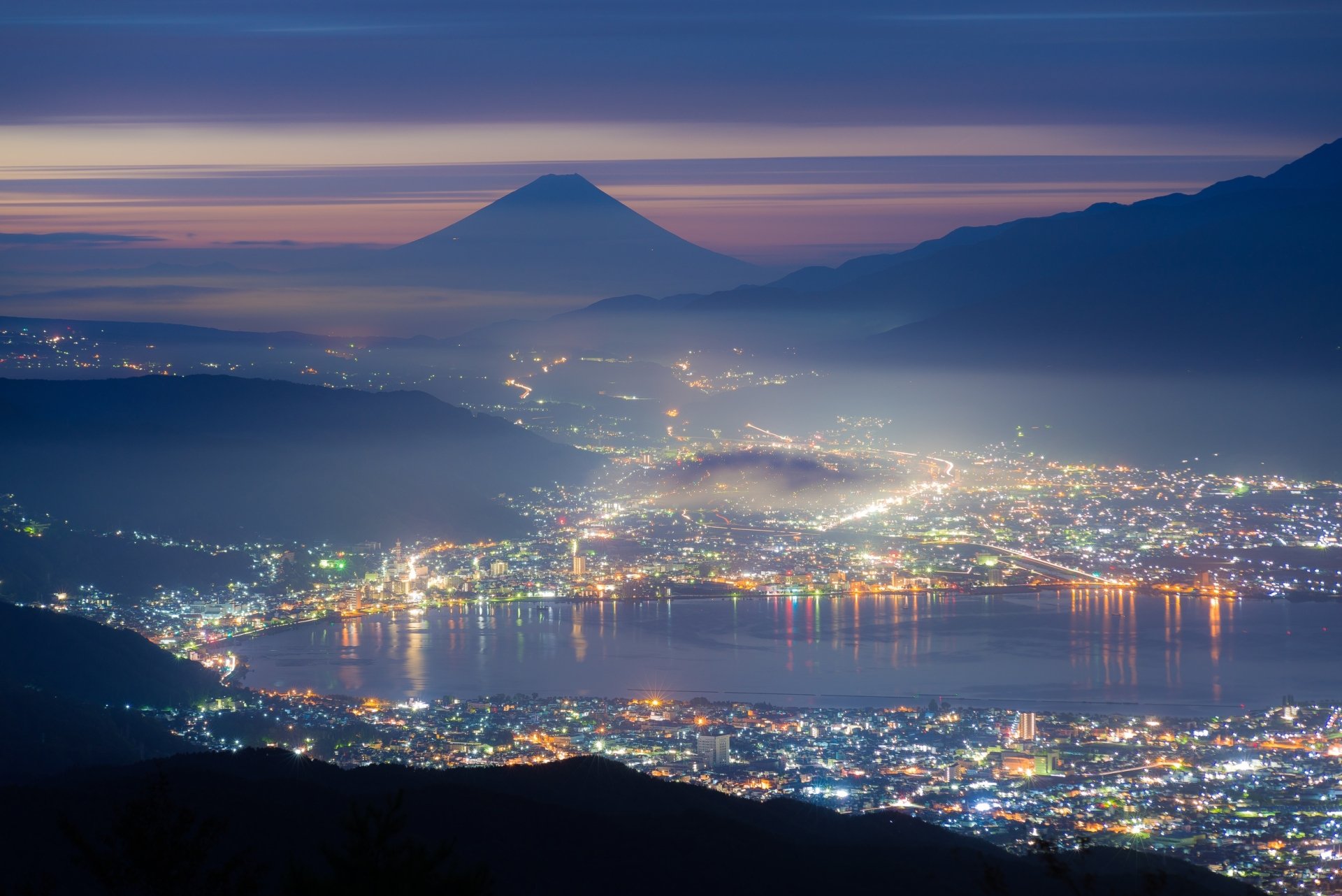 Download Night Japan City Nature Mount Fuji HD Wallpaper