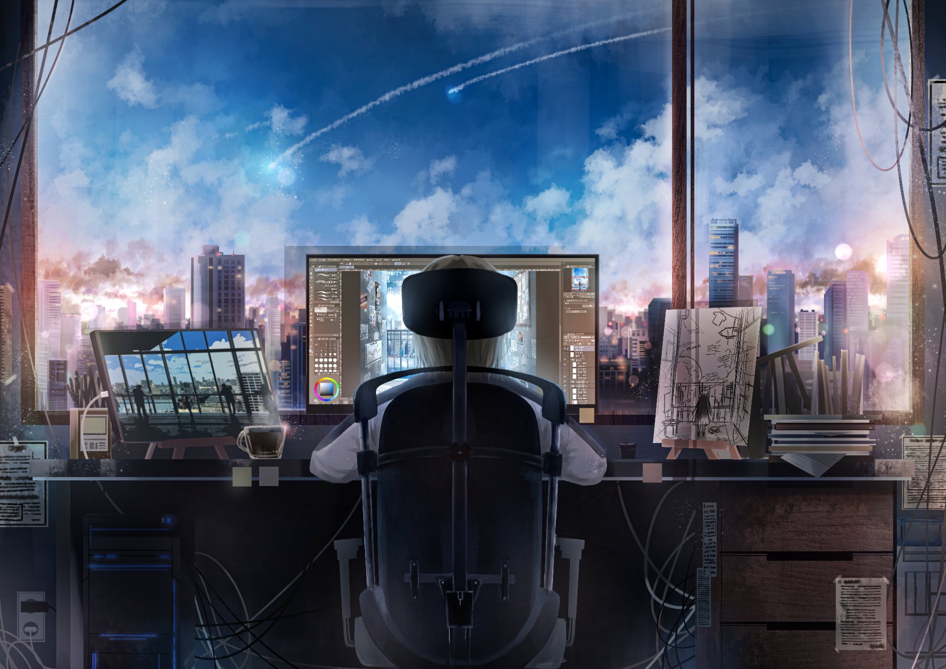 Anime Boy HD Wallpaper — Cityscape Through the Window | 2000x1415 ...