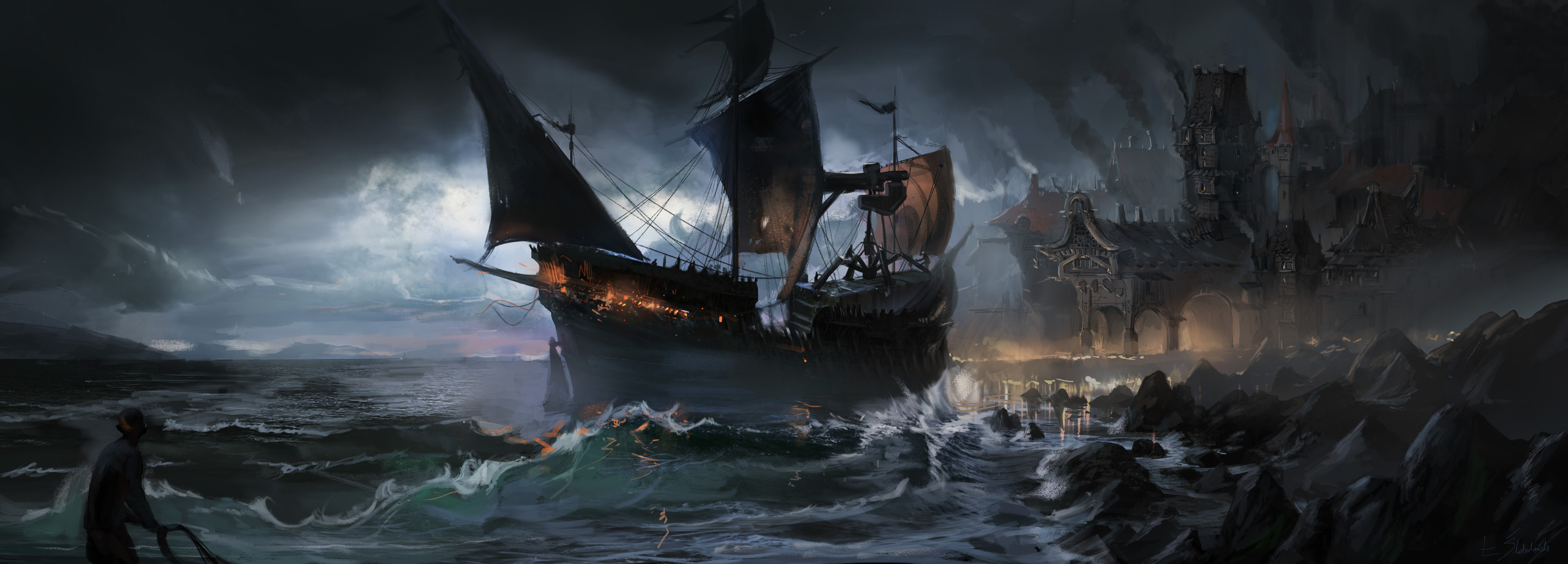 Download Fantasy Ship HD Wallpaper by Łukasz Ślebodziński