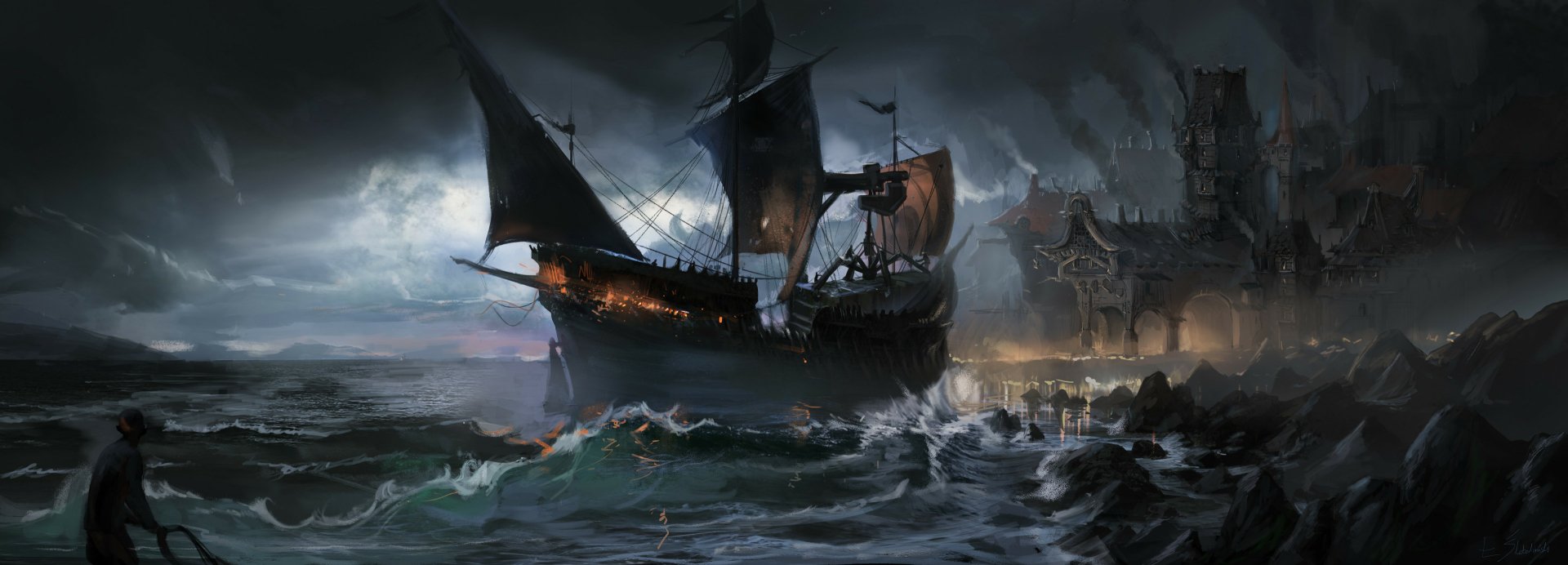 Download Fantasy Ship HD Wallpaper by Łukasz Ślebodziński | 3840x1383 ...