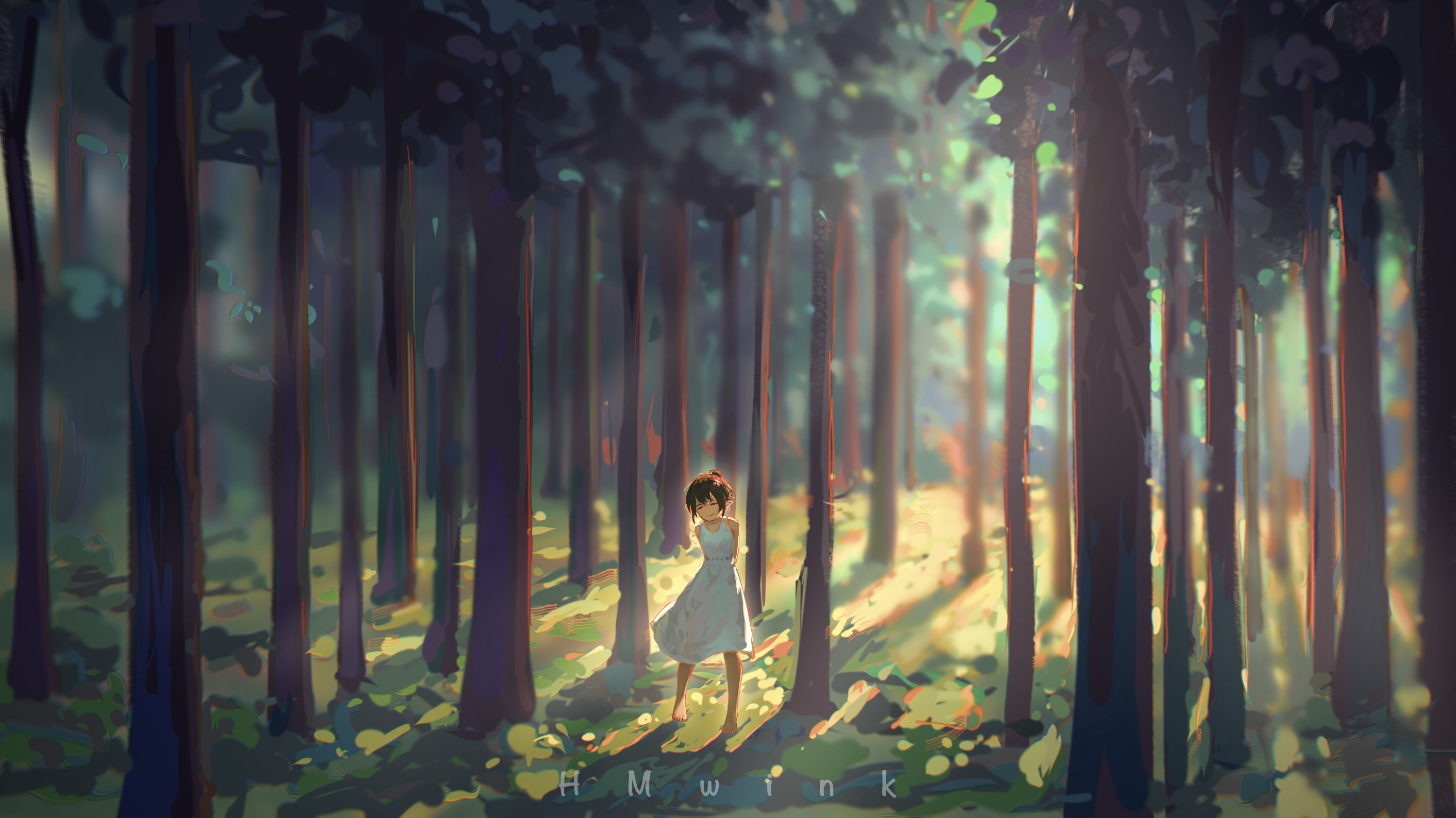 Radiant Anime Girl in Enchanted Forest – HD Wallpaper Delight by 花铭