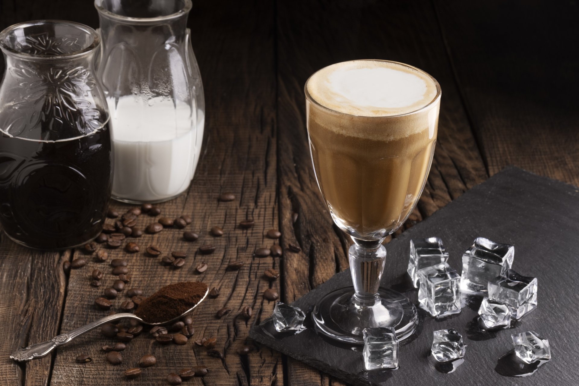 5K Ultra HD: Creamy Iced Latte & Coffee Beans | 7623x5085 | Wallpaper Abyss