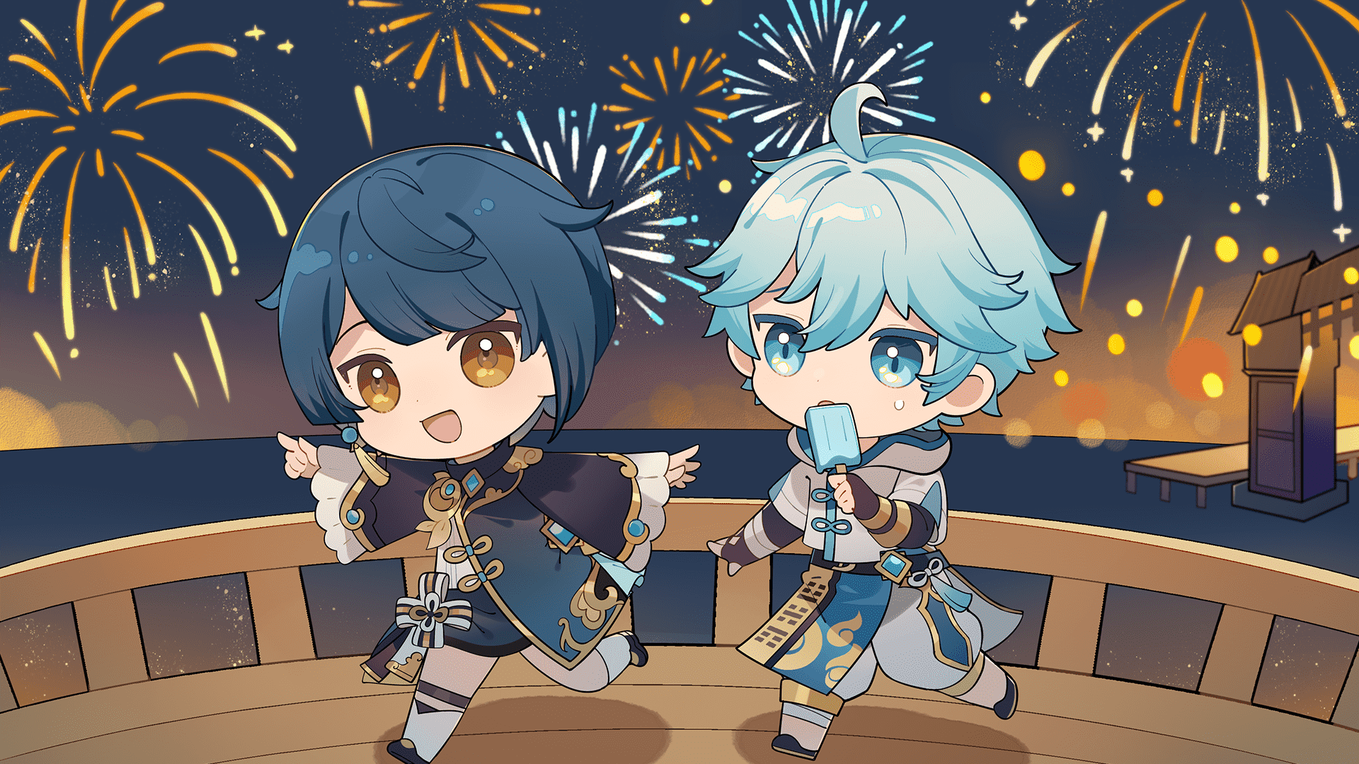 Xingqiu & Chongyun: Lakeside Fireworks | Chibi Sail Duo (Genshin HD ...