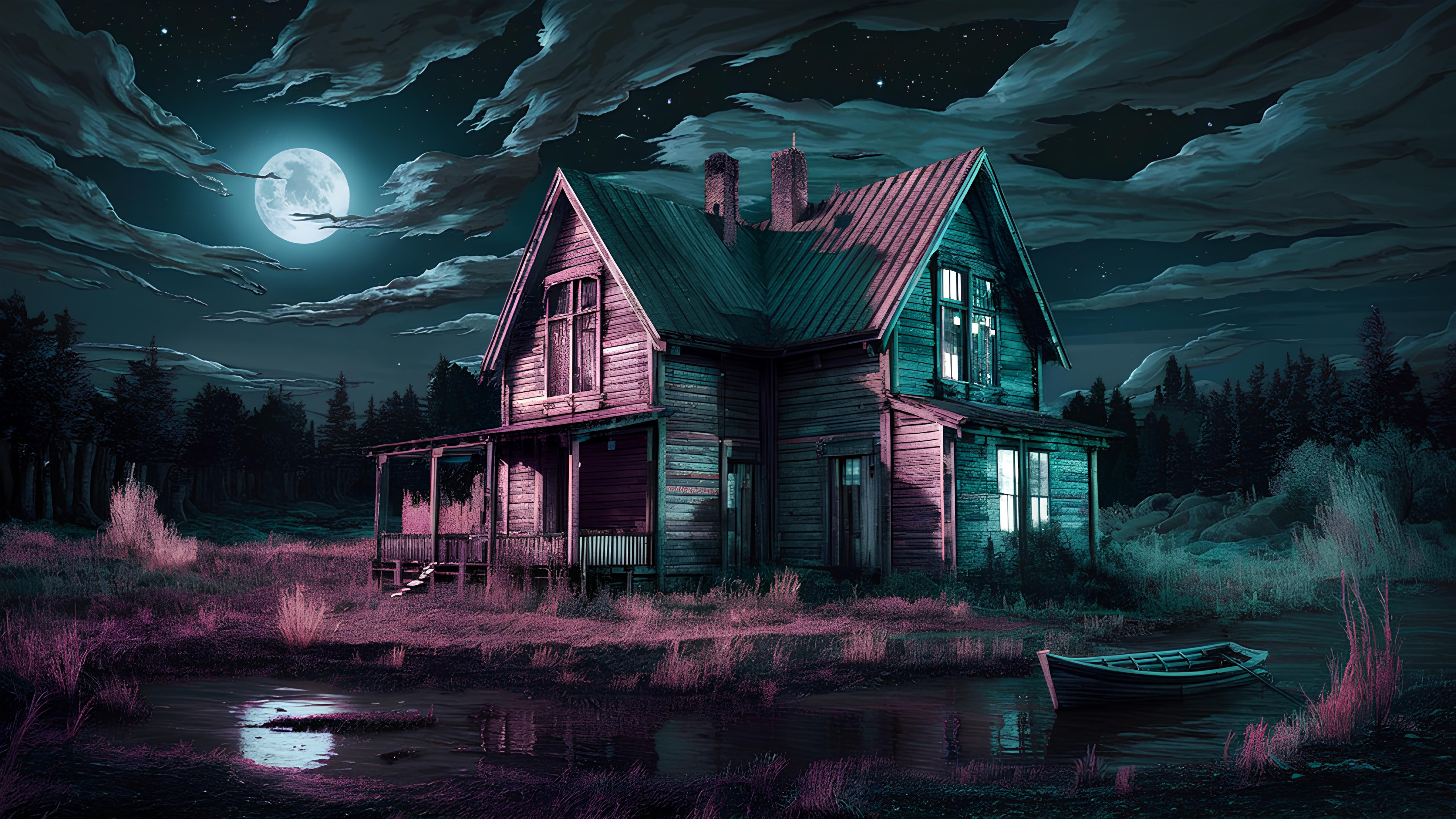 Mysterious old house under moonlit night sky by gabruwallpapers