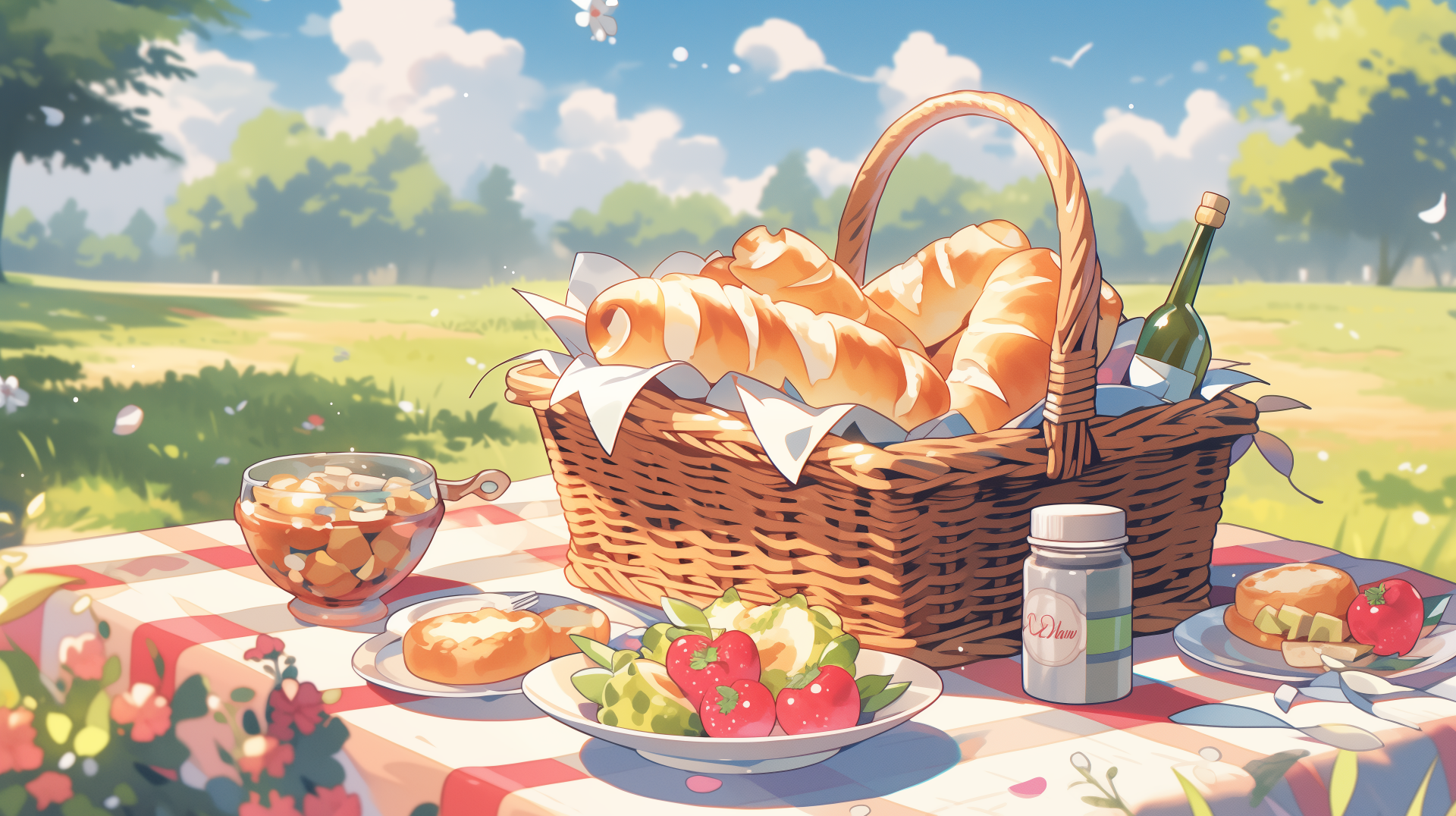 Sunny Picnic Basket Feast HD Wallpaper by CelestialCanvas