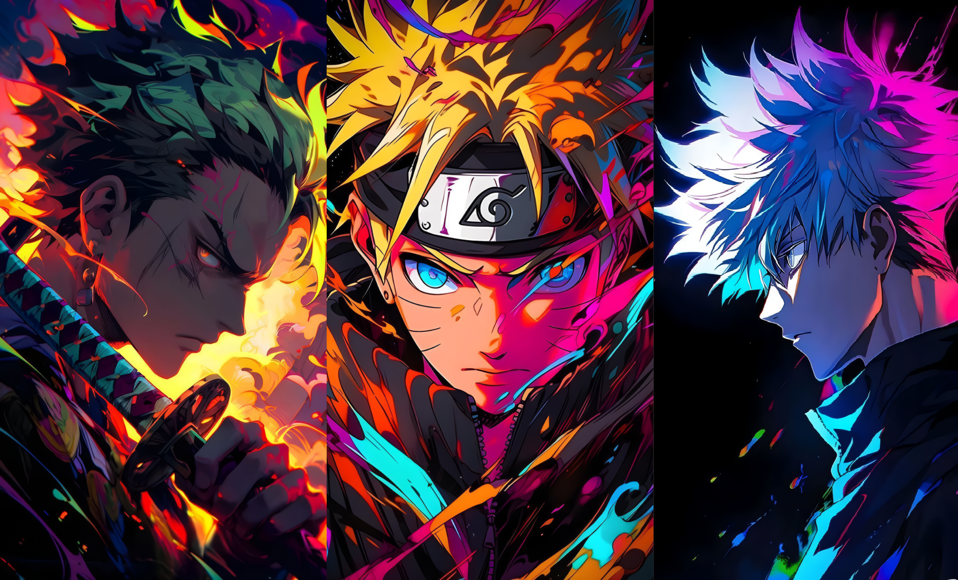Epic Anime Clash: Naruto, Zoro & Gojo HD Wallpaper