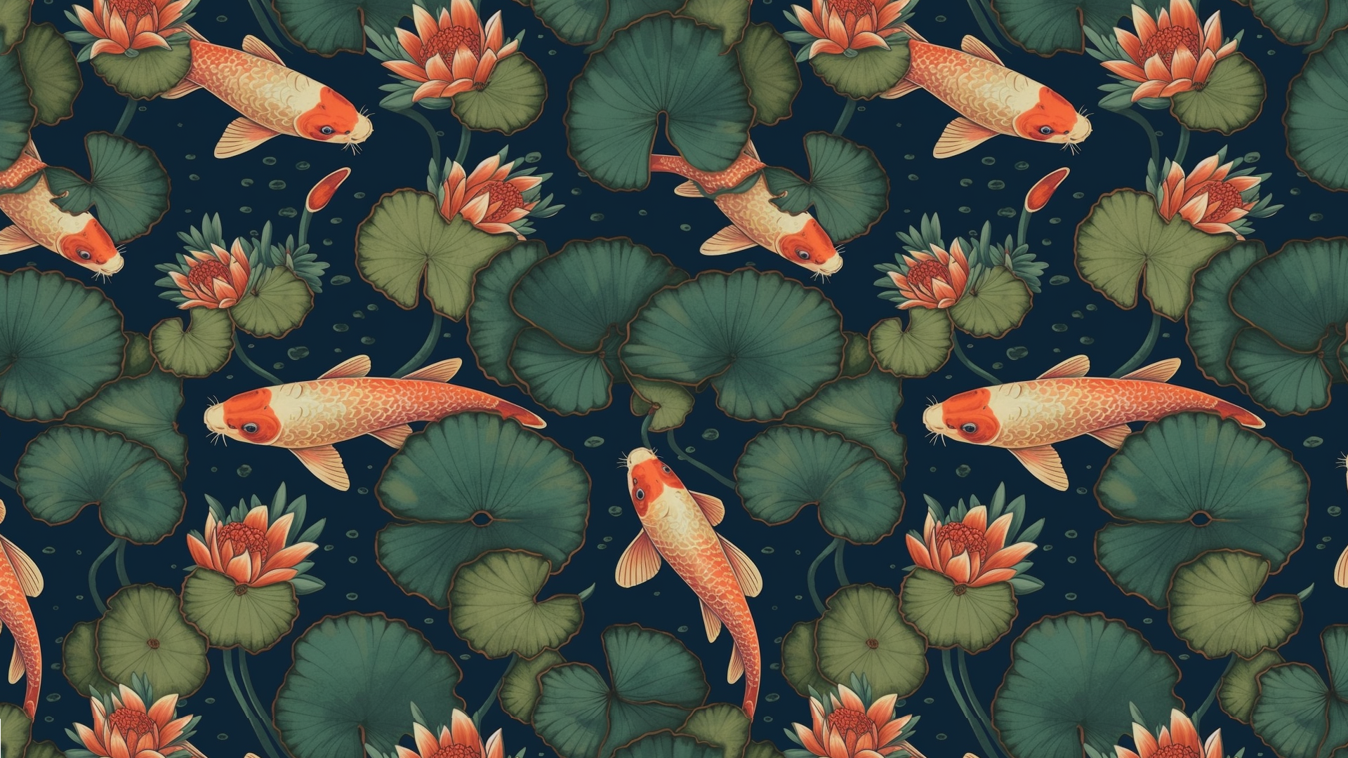 Desktop Wallpaper of koi fish and flowers by nutfalcon