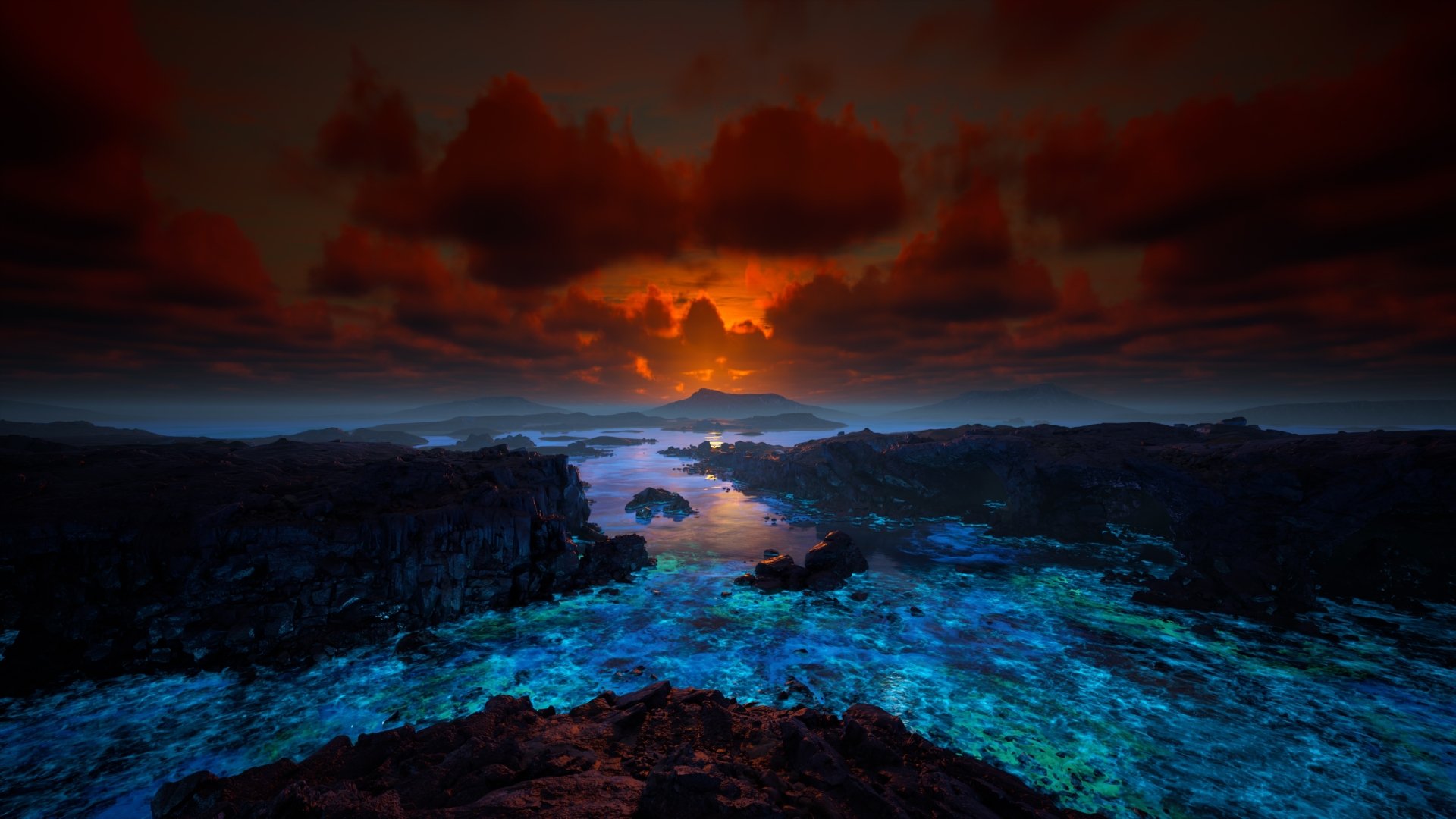 Virtual Reality Sunset Over Blue Ocean Glow – HD Light and Color ...