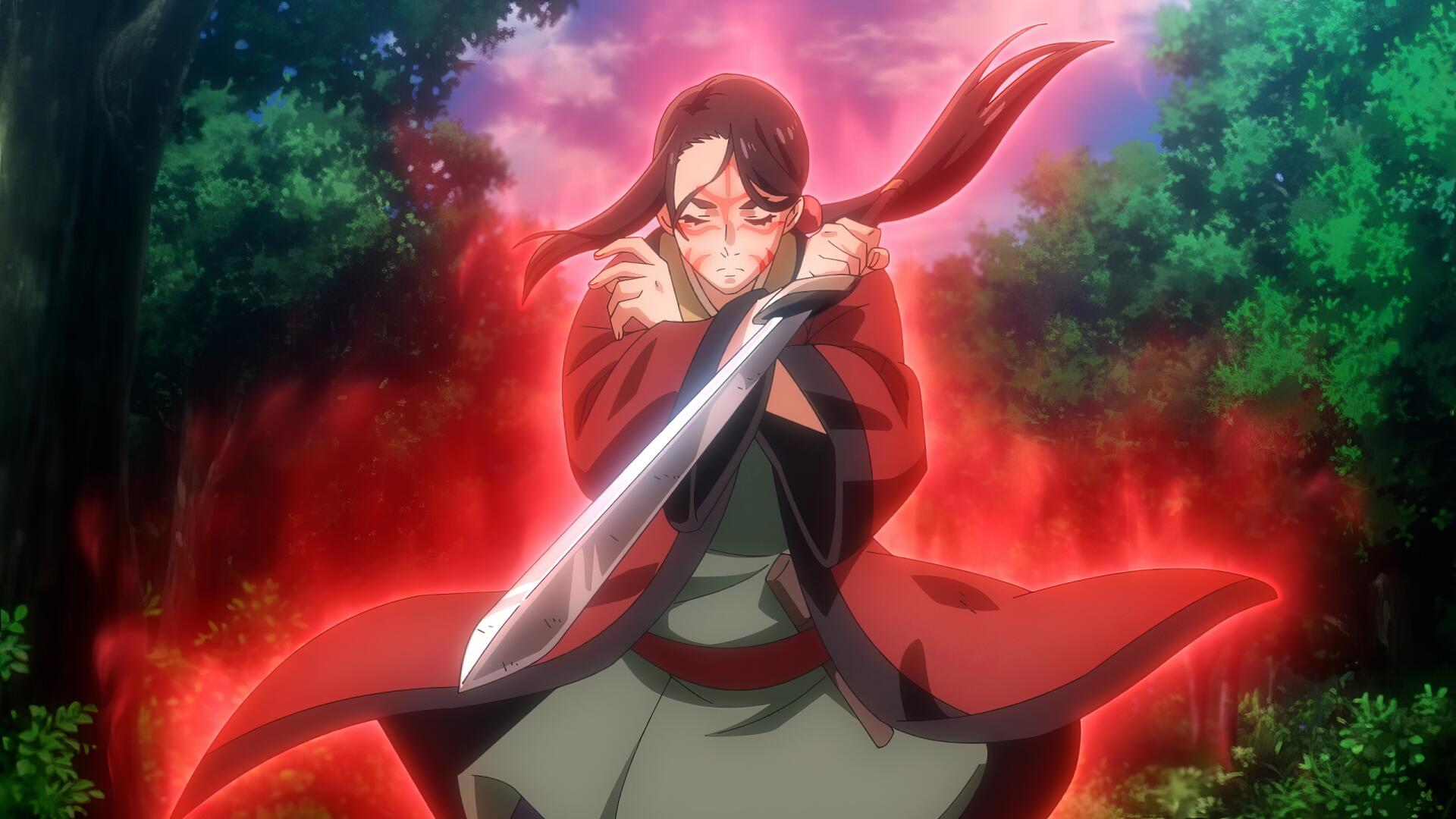 Teogonia Anime HD Wallpaper: Fierce Warrior in Red Cloak