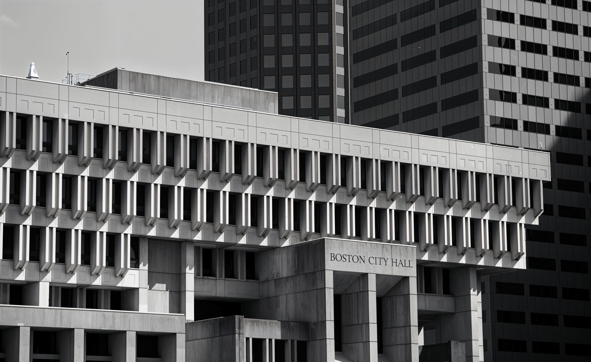 Boston Brutalist City Hall — B&W 4K Wallpaper
