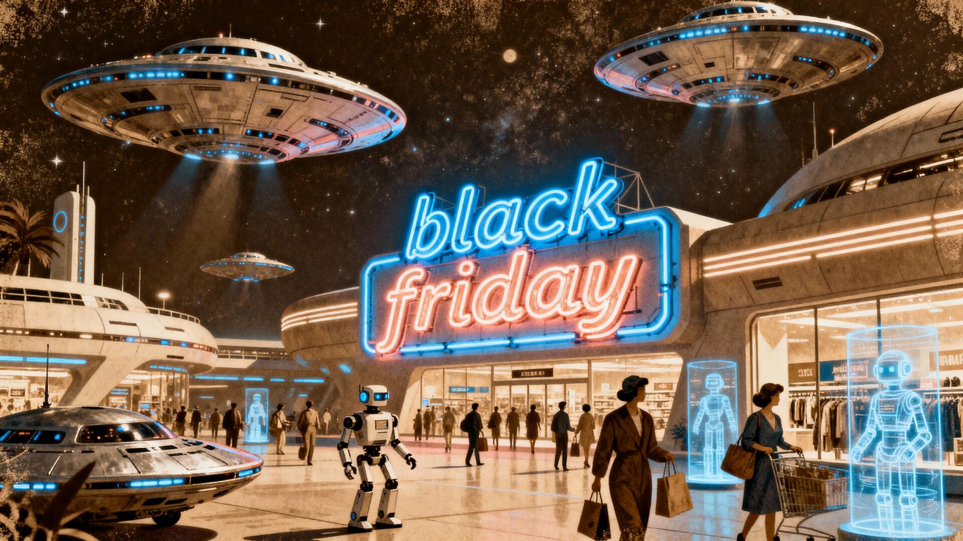 Black Friday: Neon UFO Mall — 4K Ultra HD Wallpaper by QuantumCurator