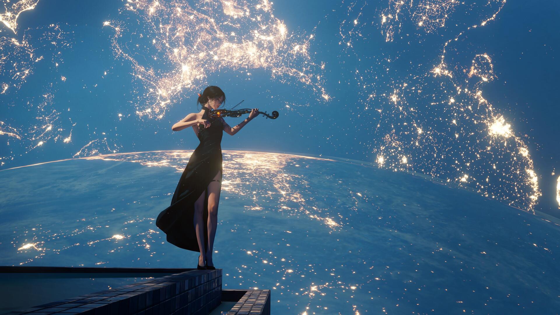 Cosmic Violinist — Woman on the Planet's Edge (4K Ultra HD Wallpaper) by Wang Ling