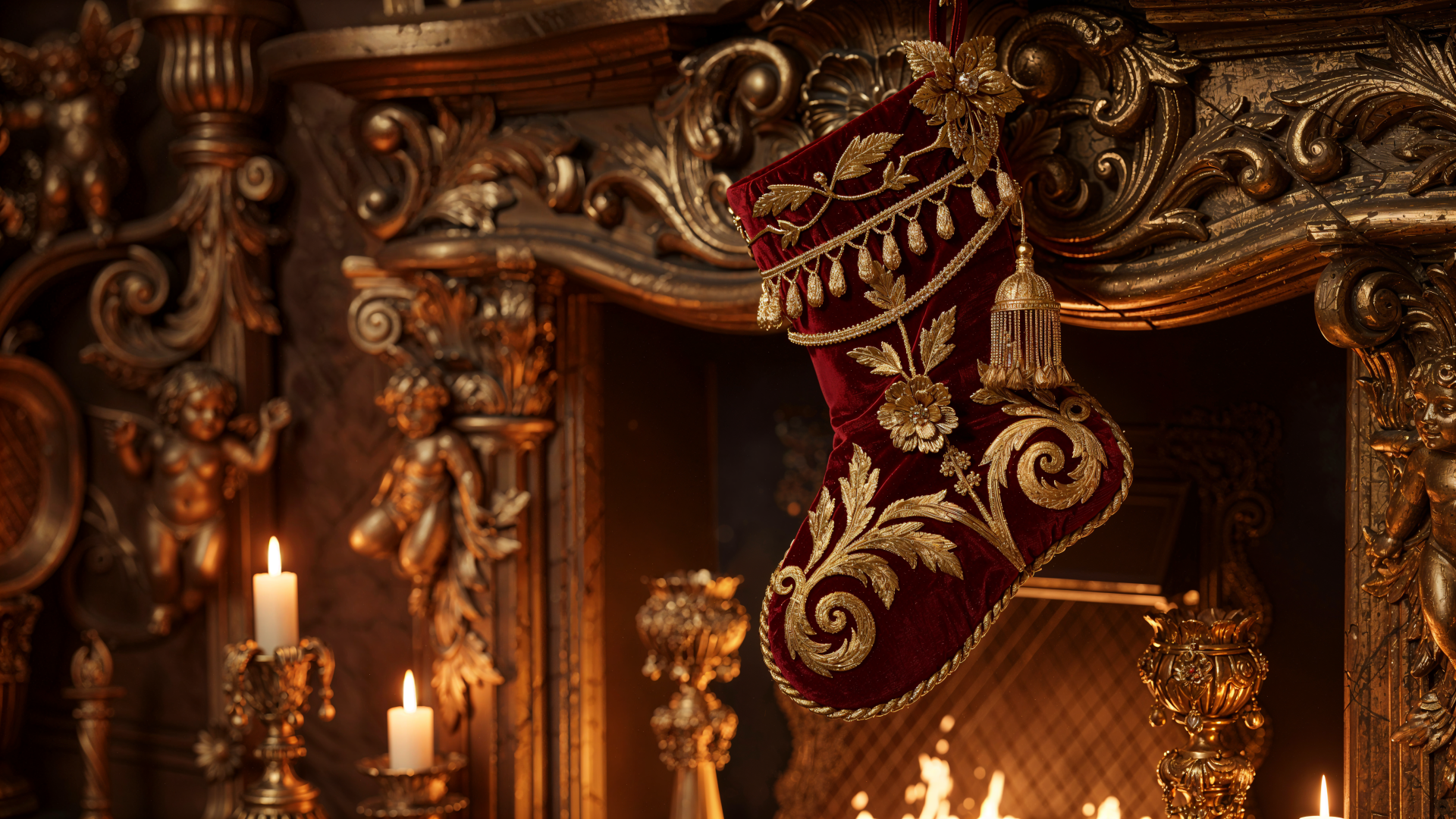 Golden Baroque Stocking — 4K Christmas Fireplace Wallpaper by ...