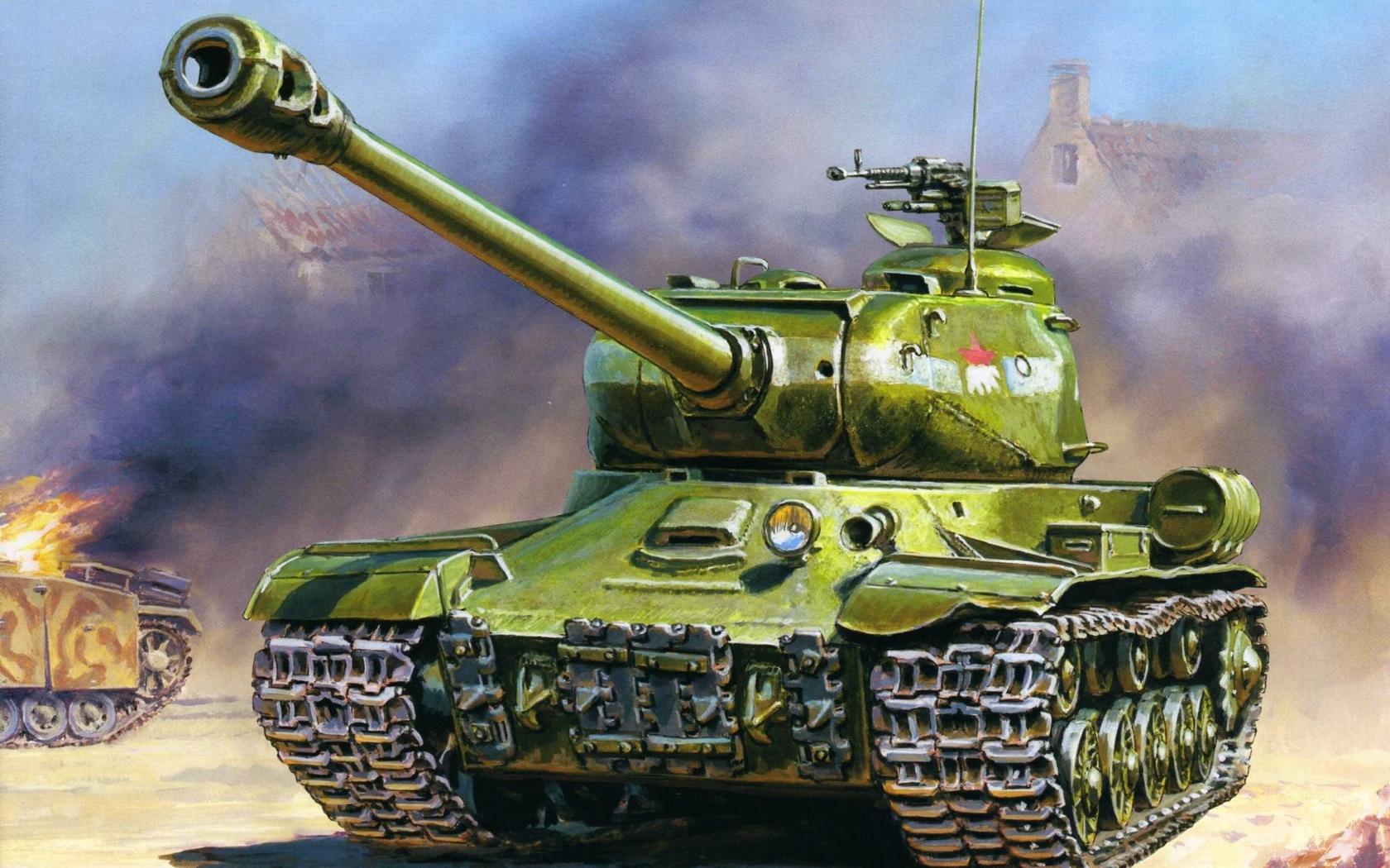 Russian IS-2 Passes a knocked out a German Stug III